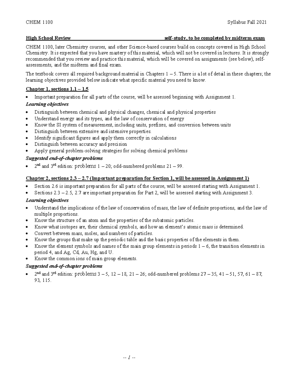 Review-Aug20 - reading guide - CHEM 1100 Syllabus Fall 2021 - 1 - High ...