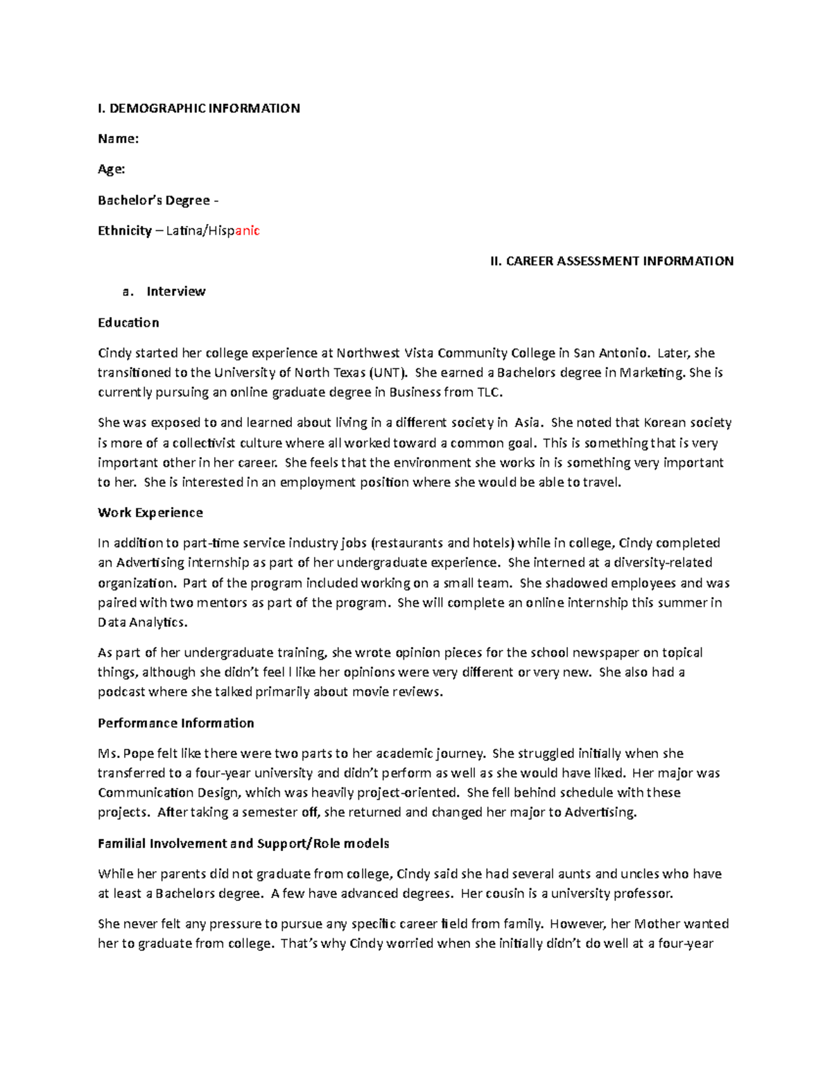 Career Case Study Example - I. DEMOGRAPHIC INFORMATION Name: Age ...