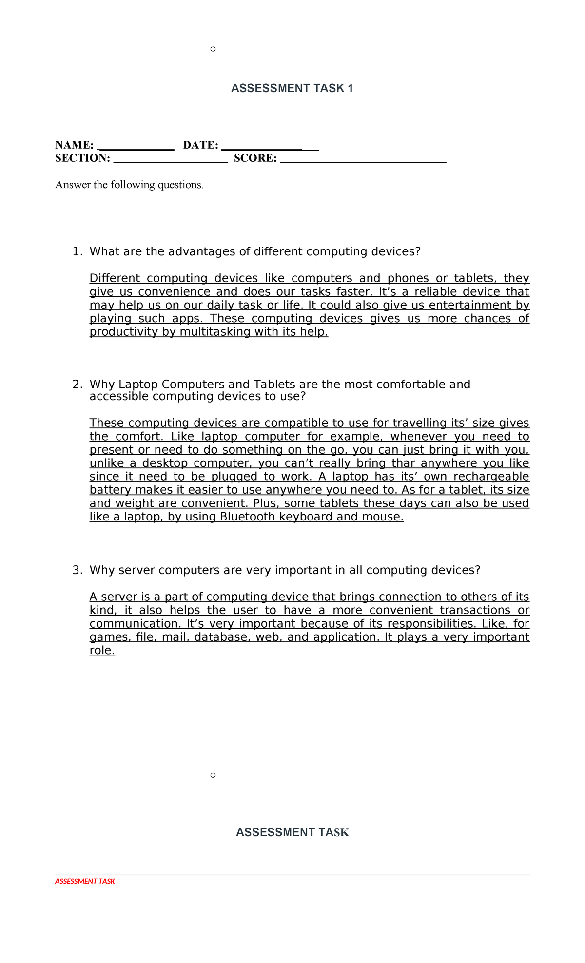Assessment Task 1 2 ICOM111 - o ASSESSMENT TASK 1 NAME ...