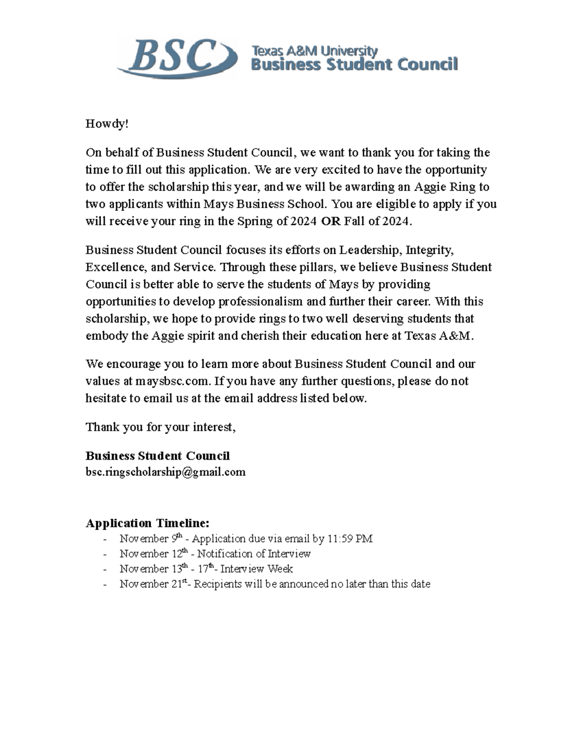 BSC Ring Spring 2024 Application - Howdy! On behalf of Business Student ...
