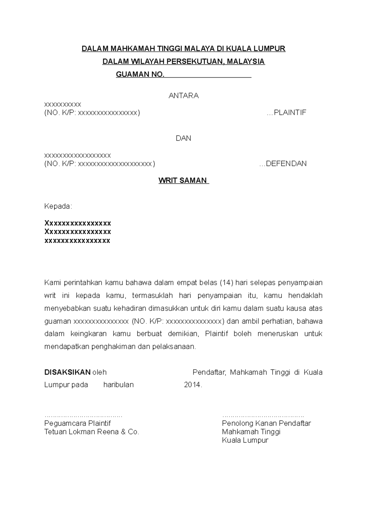 Sample Writ and SOC Specific Performance - DALAM MAHKAMAH TINGGI MALAYA ...
