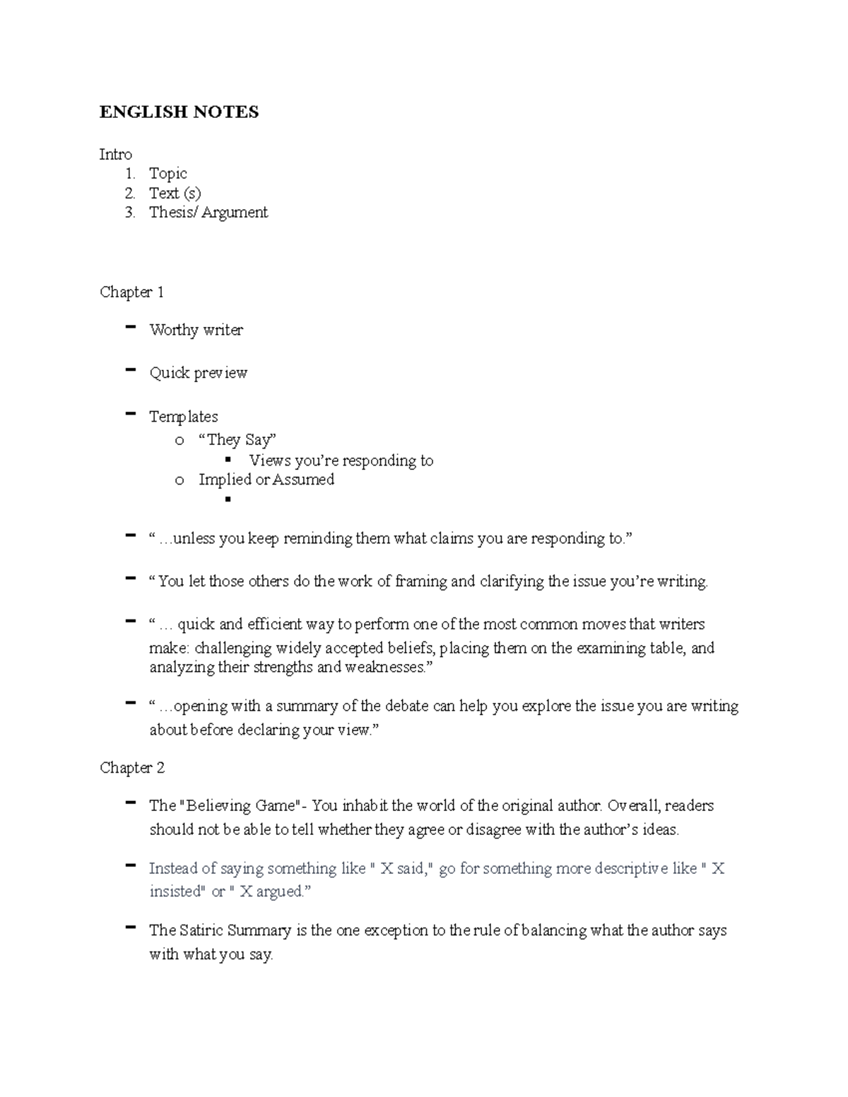 English Notes - ENGLISH NOTES Intro 1. Topic 2. Text (s) 3. Thesis ...