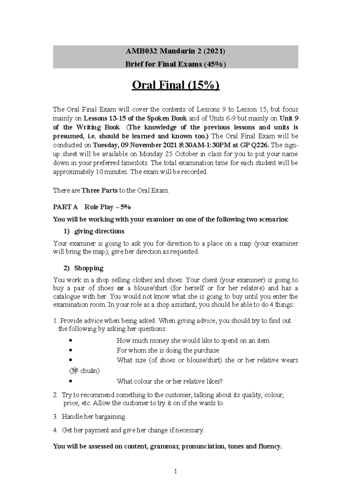AMB032-Final-Exams Brief (2021) - AMB032 Mandarin 2 (2021) Brief for ...