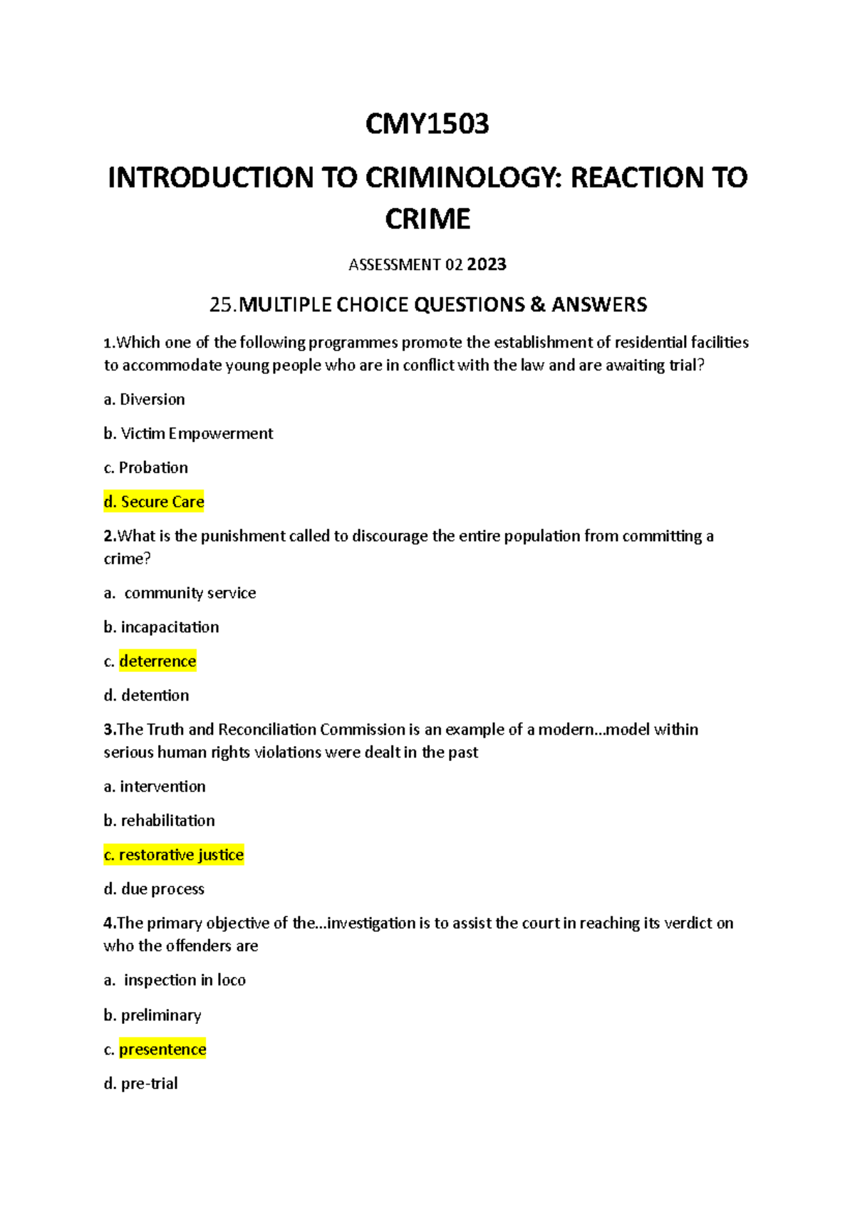 CMY1503 - assessment 02 - CMY INTRODUCTION TO CRIMINOLOGY: REACTION TO ...