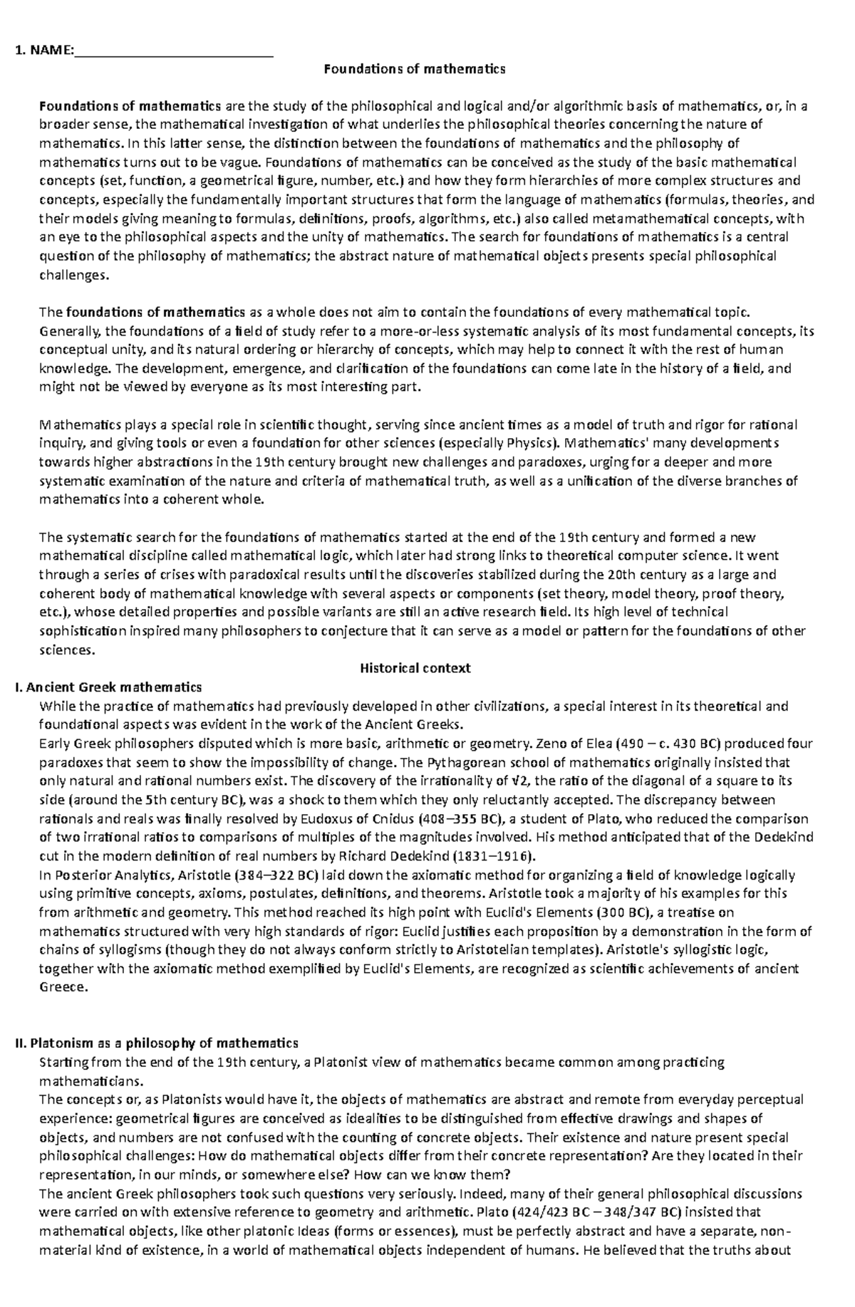 Foundations of mathematics - 1. NAME ...