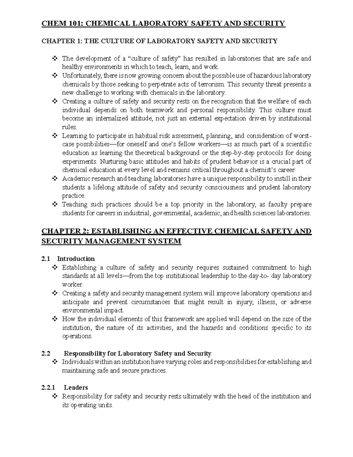 CHEM 101 Chapter 1-4 - NOTES - CHEM 101: CHEMICAL LABORATORY SAFETY AND ...