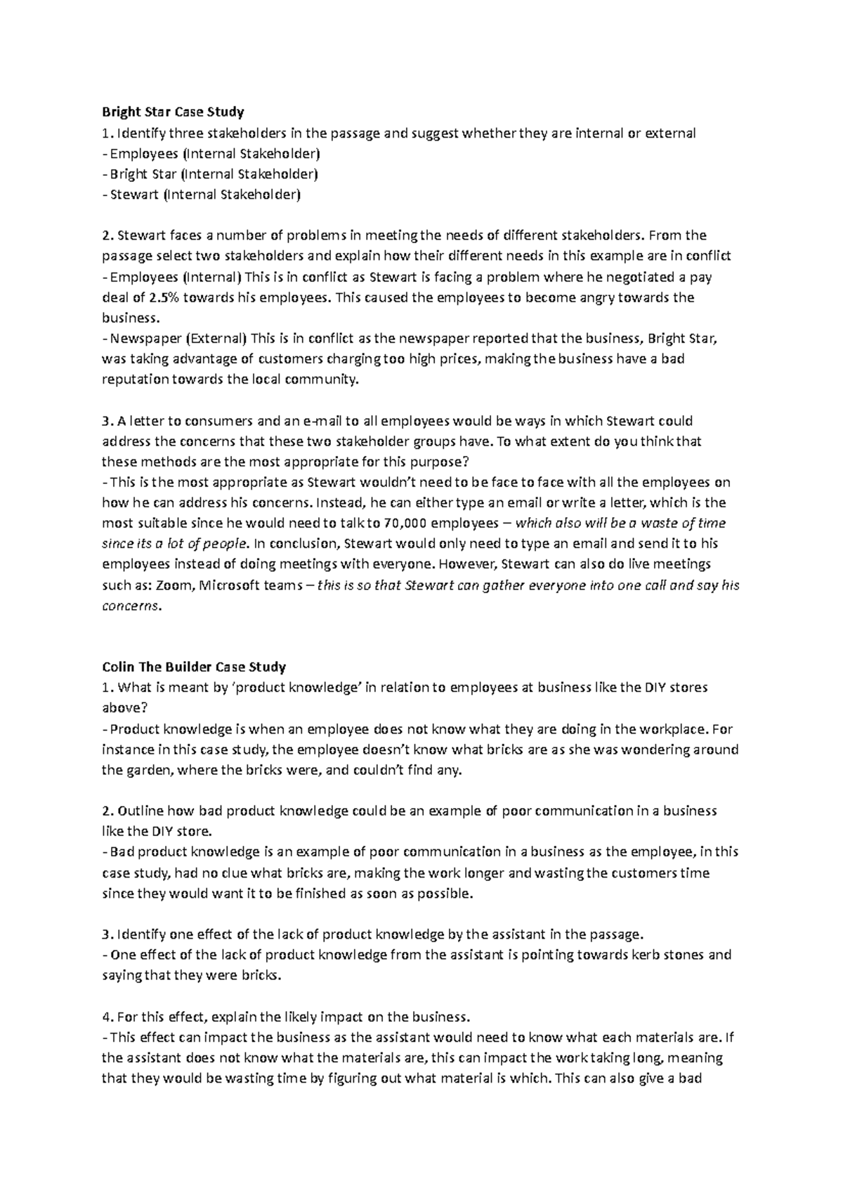 Case Studies - asd - Bright Star Case Study Identify three stakeholders ...