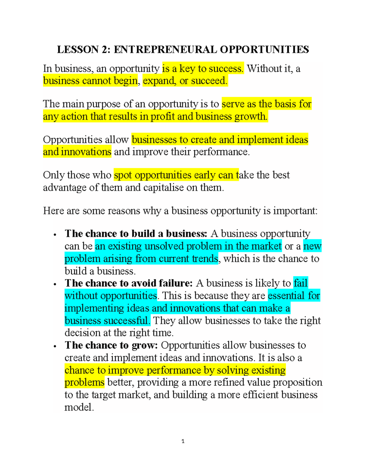Lesson 2 Entrepreneural Opportunities - LESSON 2: ENTREPRENEURAL ...