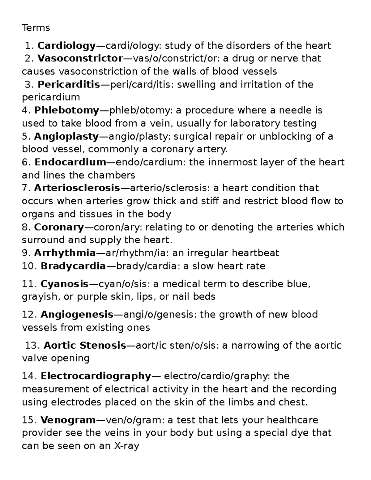 Cardiovasc - cardiac terms - Terms 1. Cardiology—cardi/ology: study of ...