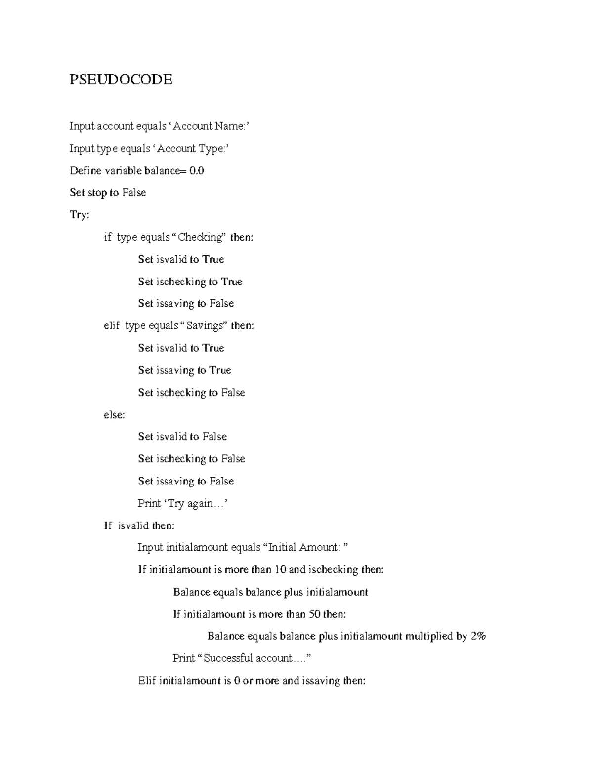 Pseudocode Programacion - PSEUDOCODE Input account equals ‘Account Name ...