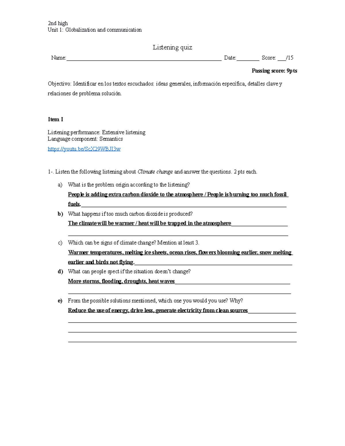 Climate change - Assessing listening - 2nd high Unit 1: Globalization ...