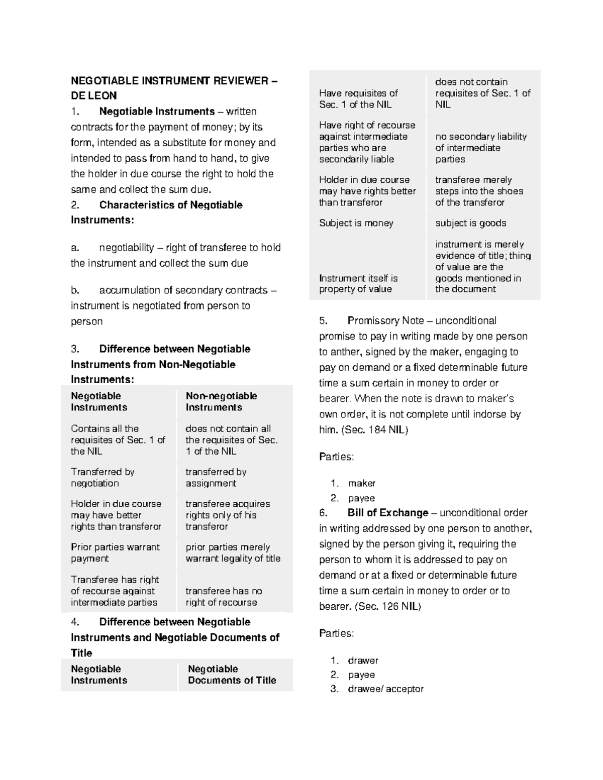 Nego reviewer de leon - Lecture notes 1 - NEGOTIABLE INSTRUMENT ...