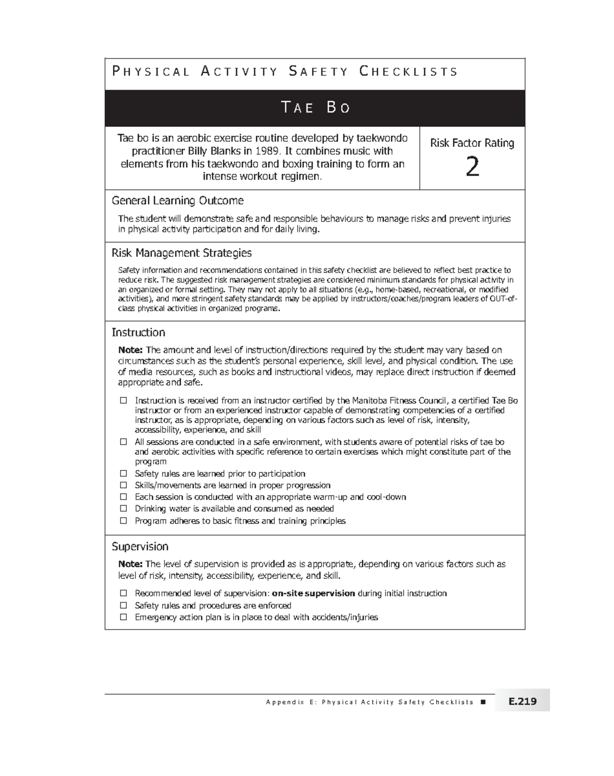 Tae bo - N/A - P H Y S I C A L A C T I V I T Y S A F E T Y C H E C K L ...