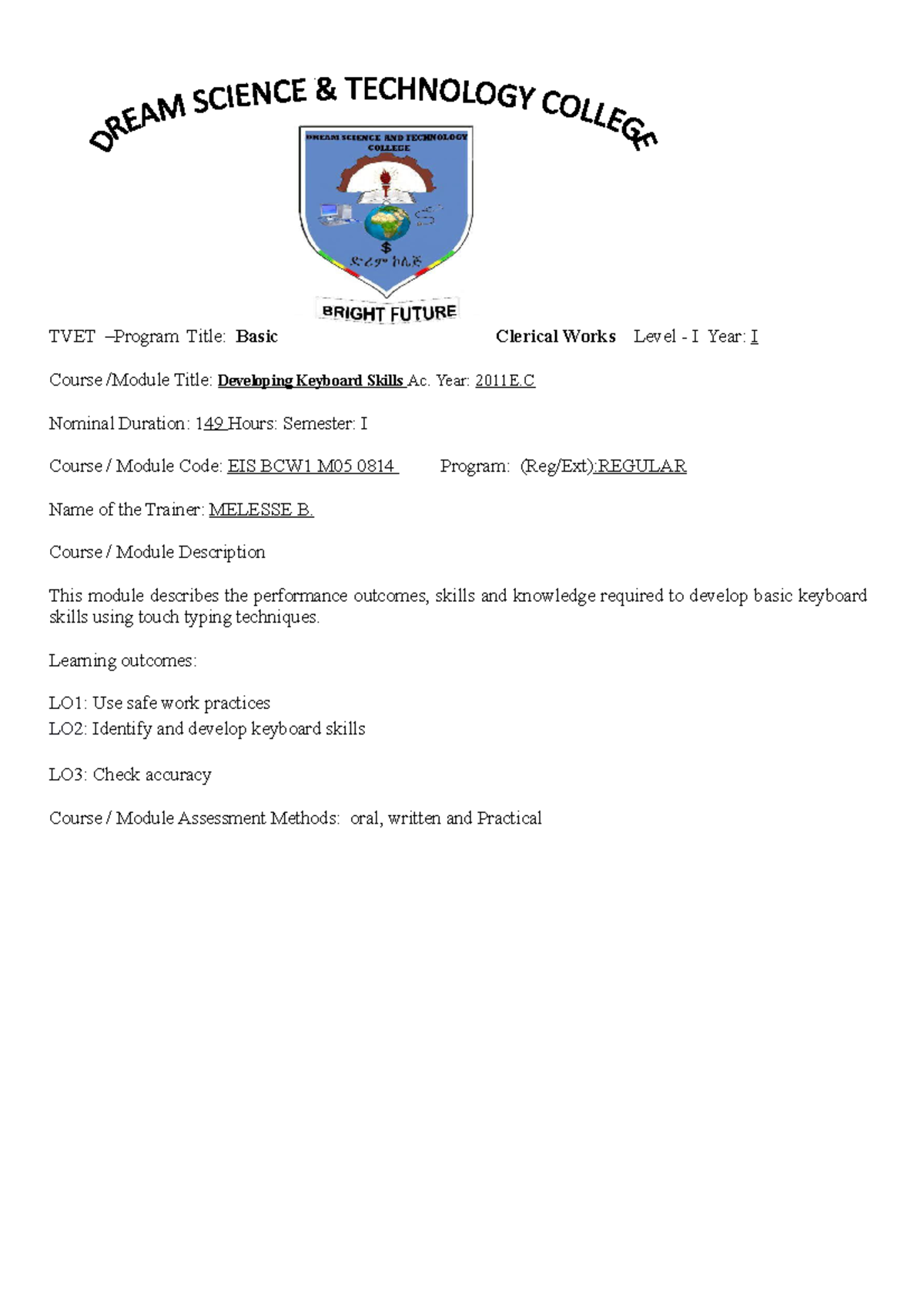 Identify keyboarding - Lecture notes 4 - TVET –Program Title: Basic ...