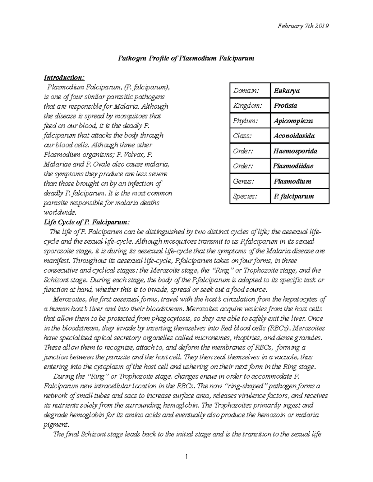 Pathogen Project 1 Bio104 Plasmodium Falciparum Profile - February 7th ...