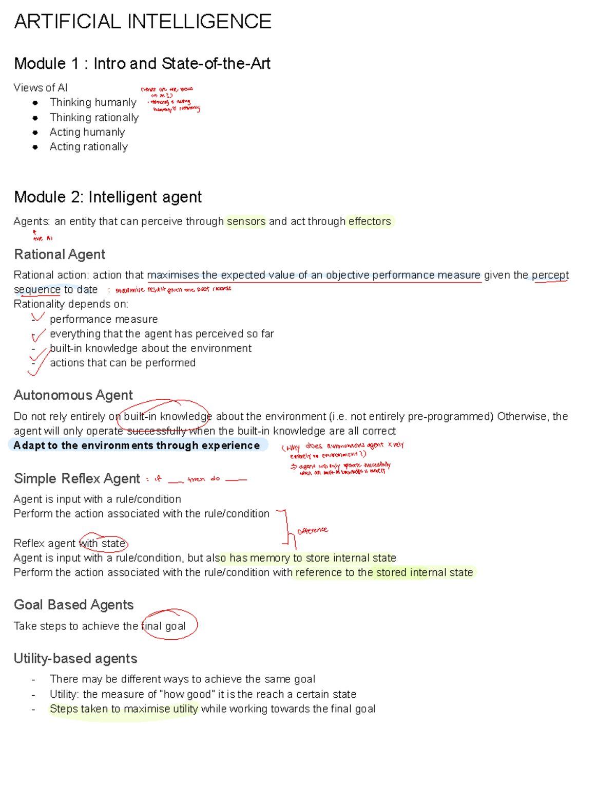 EE0005 AI - SUMMARY - ARTIFICIAL INTELLIGENCE Module 1 : Intro and ...