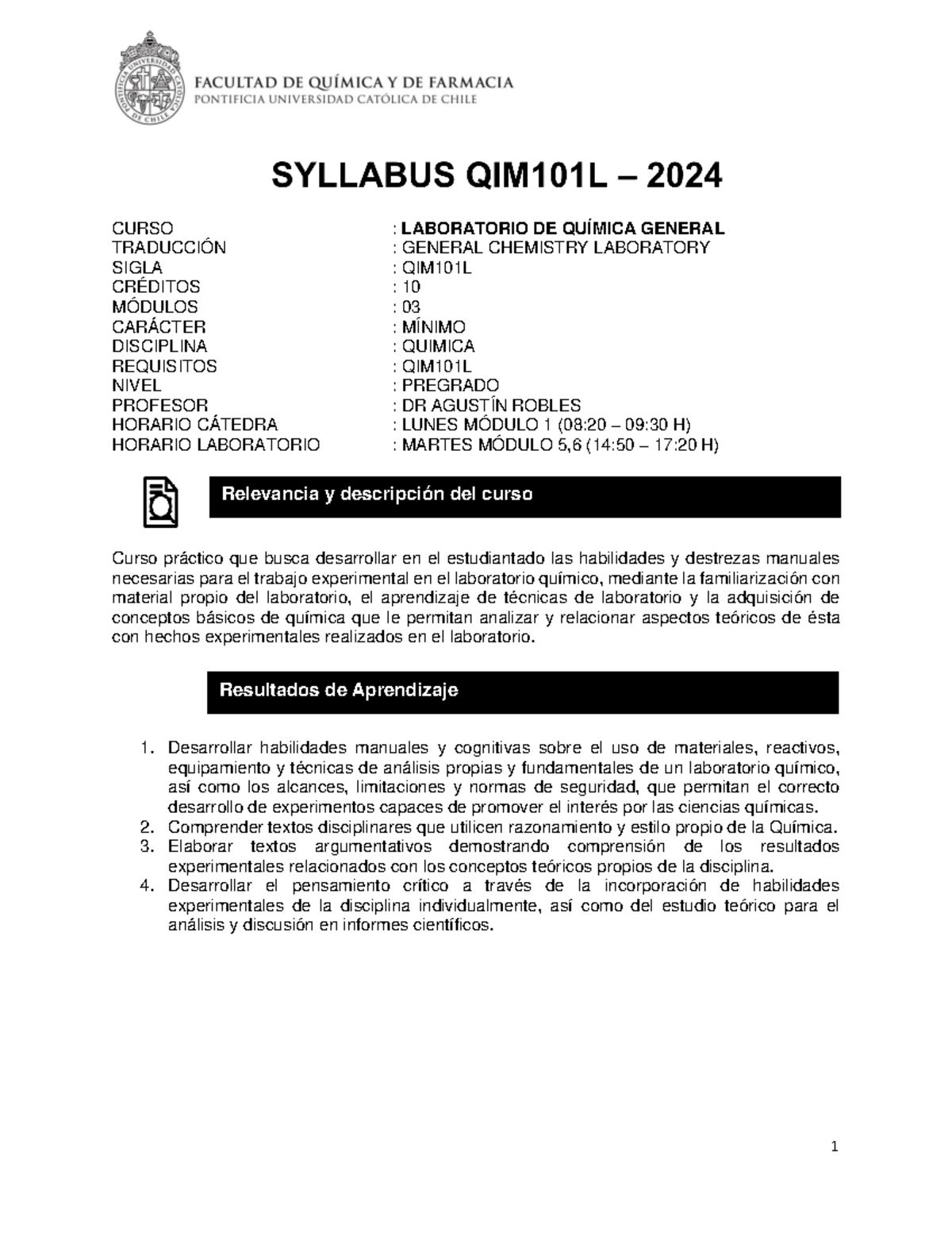 Syllabus QIM101L 1S-2024 Sección 9 - CURSO : LABORATORIO DE QUÍMICA GENERAL TRADUCCIÓN : GENERAL ...