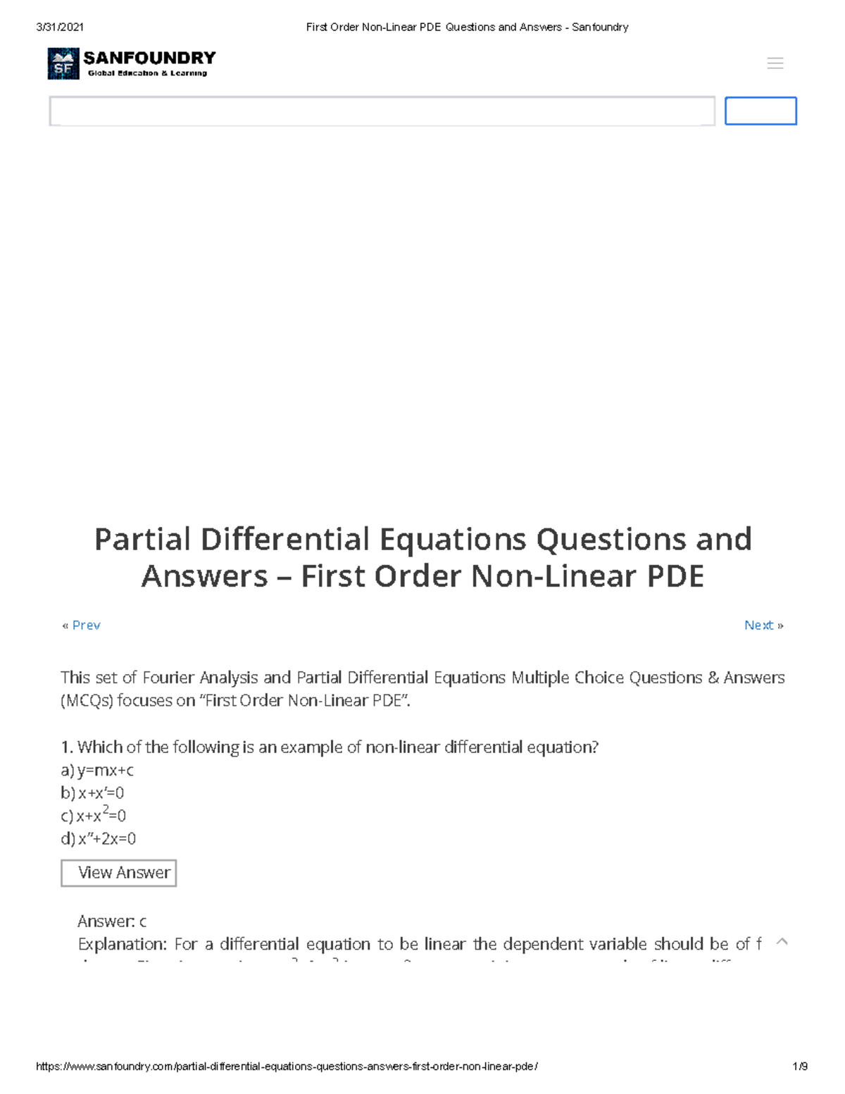 First Order Non-Linear PDE Questions and Answers - Sanfoundry - « Prev Next » Partial Dierential ...