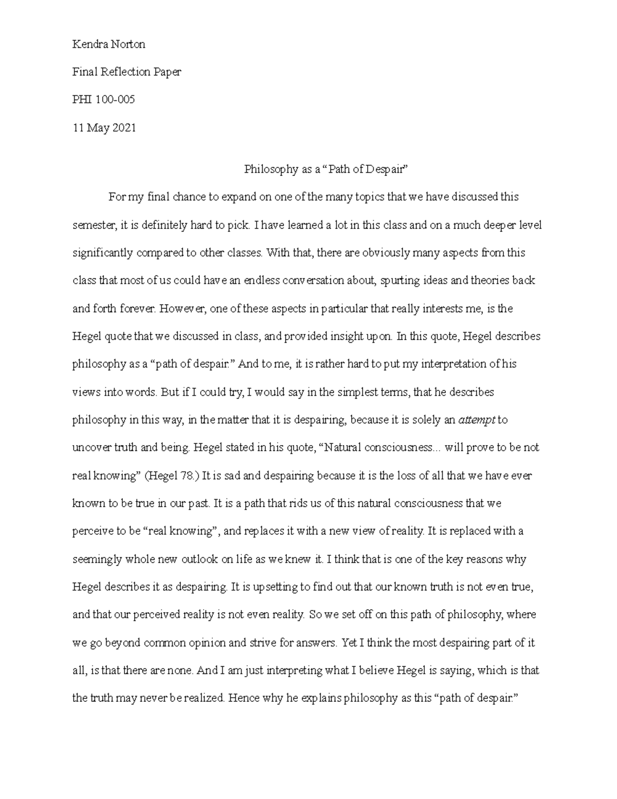 Final Reflection Paper - PHI - Kendra Norton Final Reflection Paper PHI ...