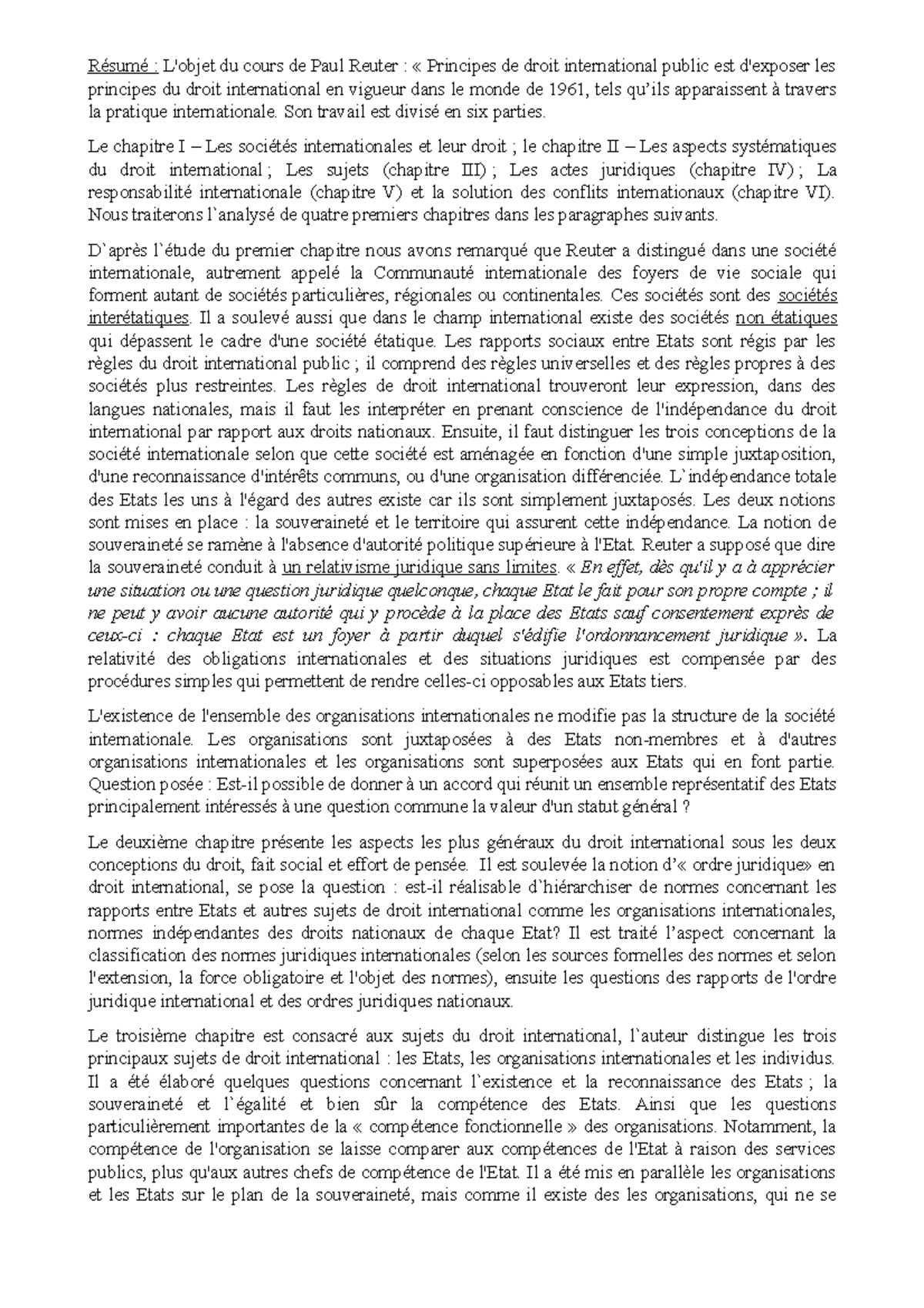 P. Reuter Principes - Résumé : L'objet du cours de Paul Reuter ...