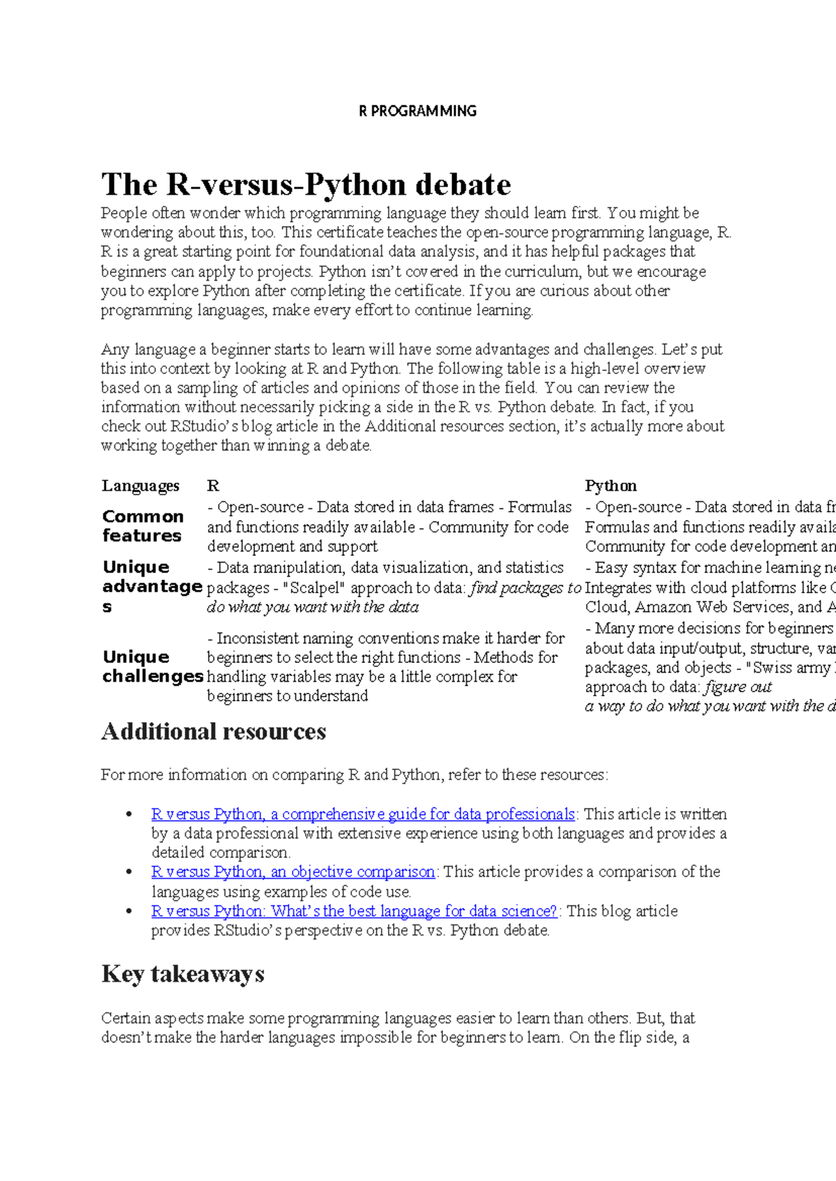 R Programming - R PROGRAMMING The R-versus-Python debate People often ...