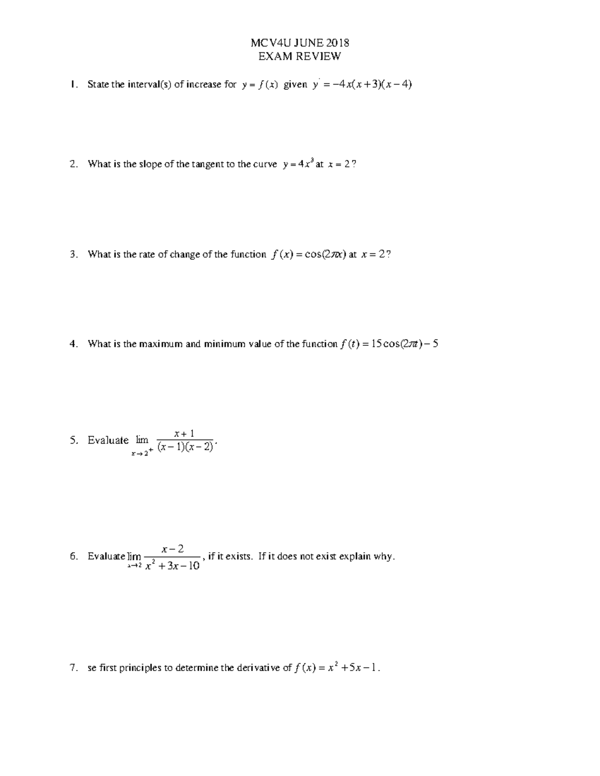 Final Exam 17 December 2019, questions - MCV4U JUNE 2018 EXAM REVIEW 1 ...