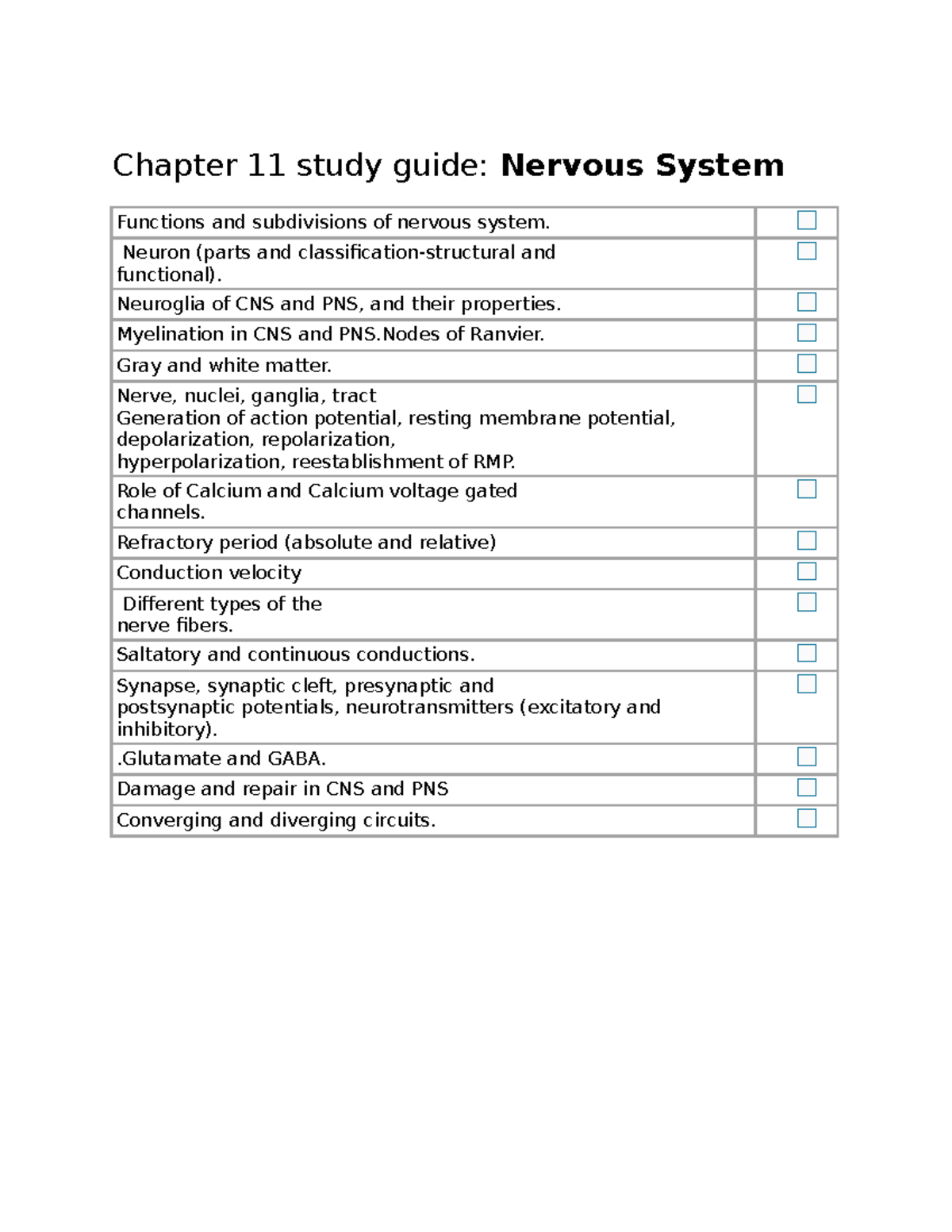 Anatomy 142 Chapter 11 study guide- Nervous System - Chapter 11 study ...