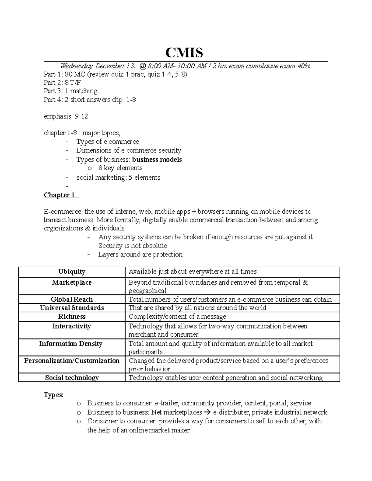 CMIS final exam - CMIS Wednesday December 13. @ 8:00 AM- 10:00 AM / 2 ...