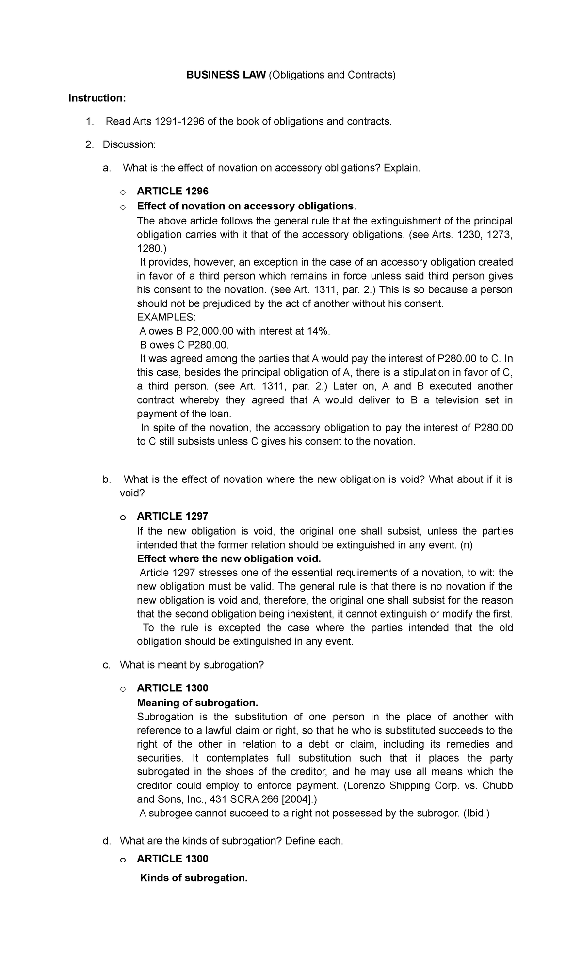 Assignment 14 - BUSINESS LAW (Obligations and Contracts) Instruction ...