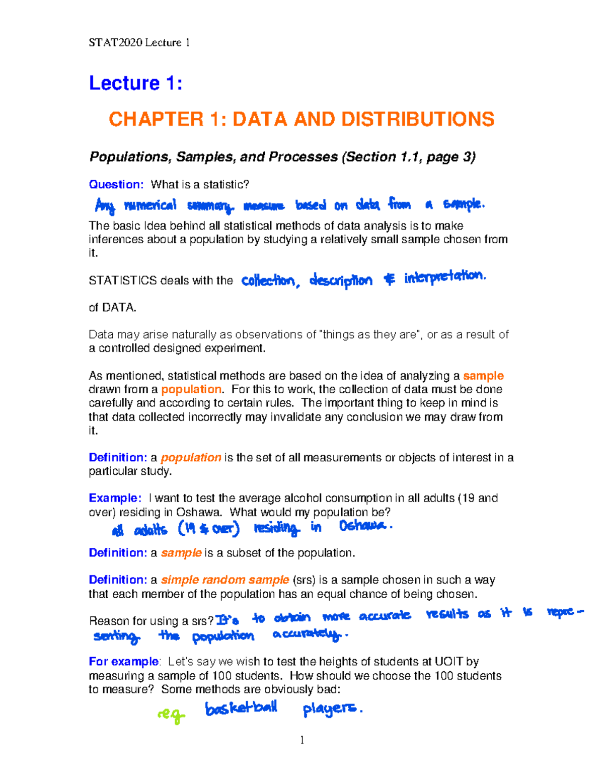 Lec1 - Lec1 - Lecture 1: CHAPTER 1: DATA AND DISTRIBUTIONS Populations, Samples, and Processes ...