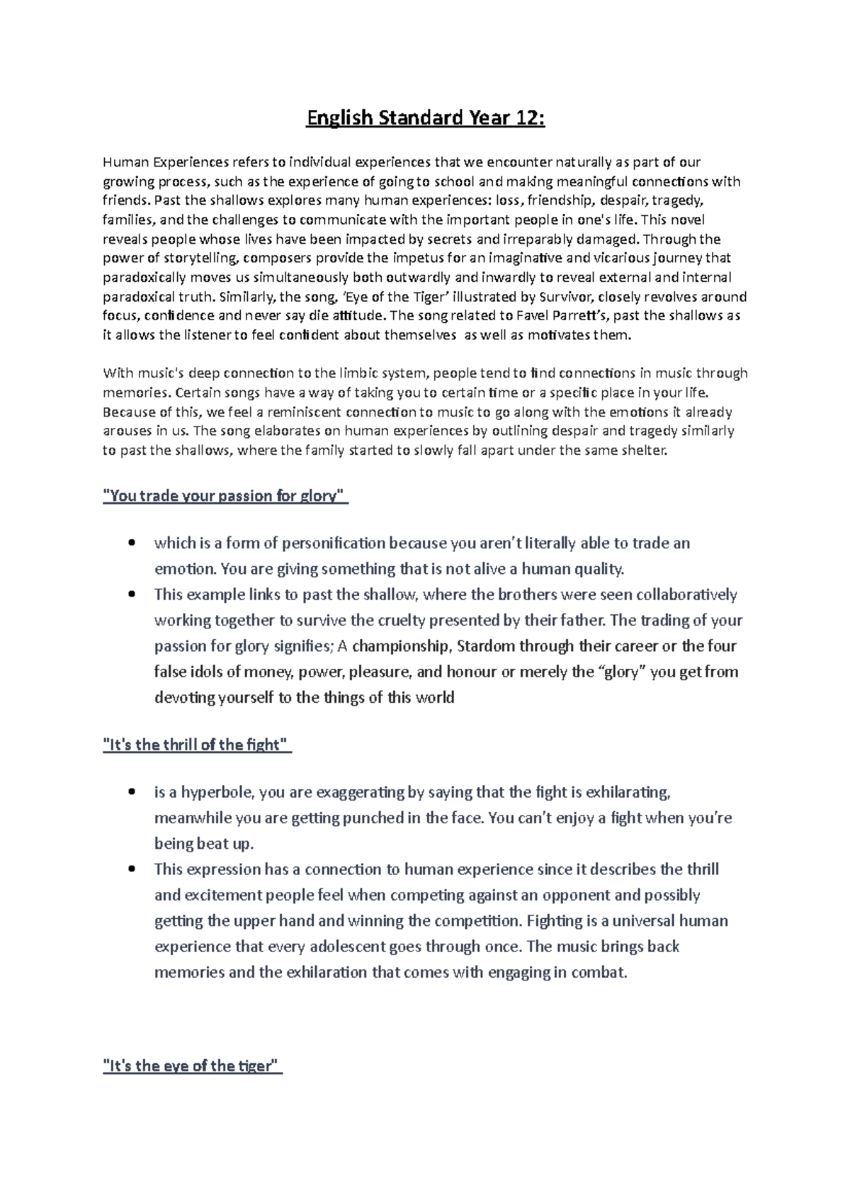 English Standard Year 12 - Past the shallows explores many human ...