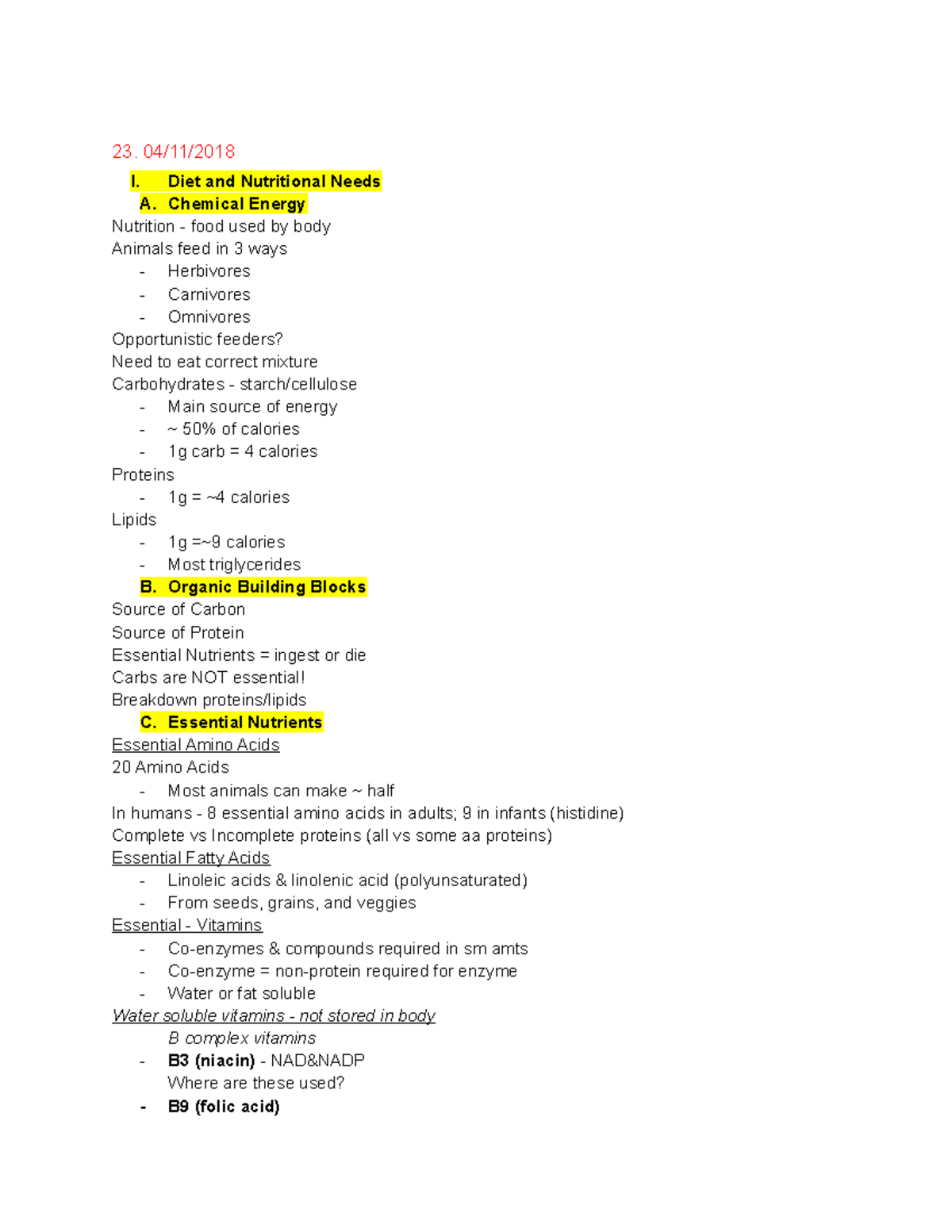 Gen bio 2 notes 23 - 23. 04/11/ I. Diet and Nutritional Needs A ...