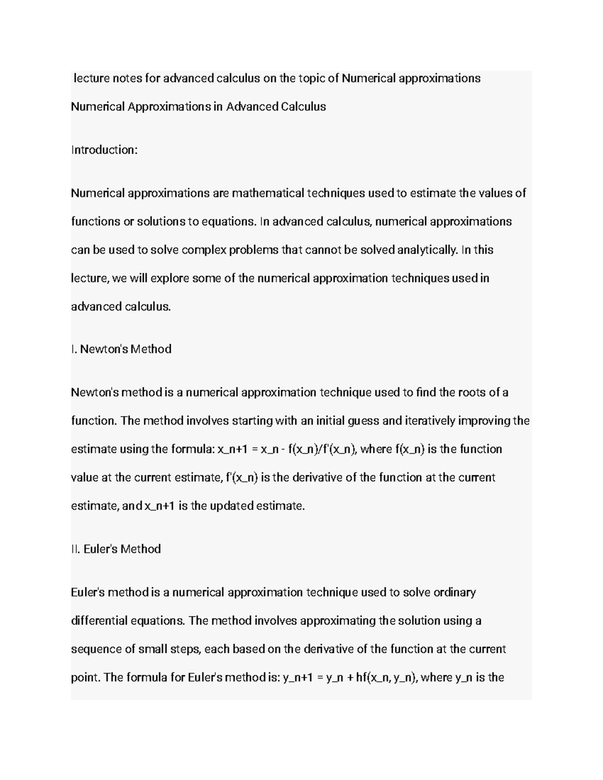 Lecture notes for advanced calculus on the topic of Numerical ...