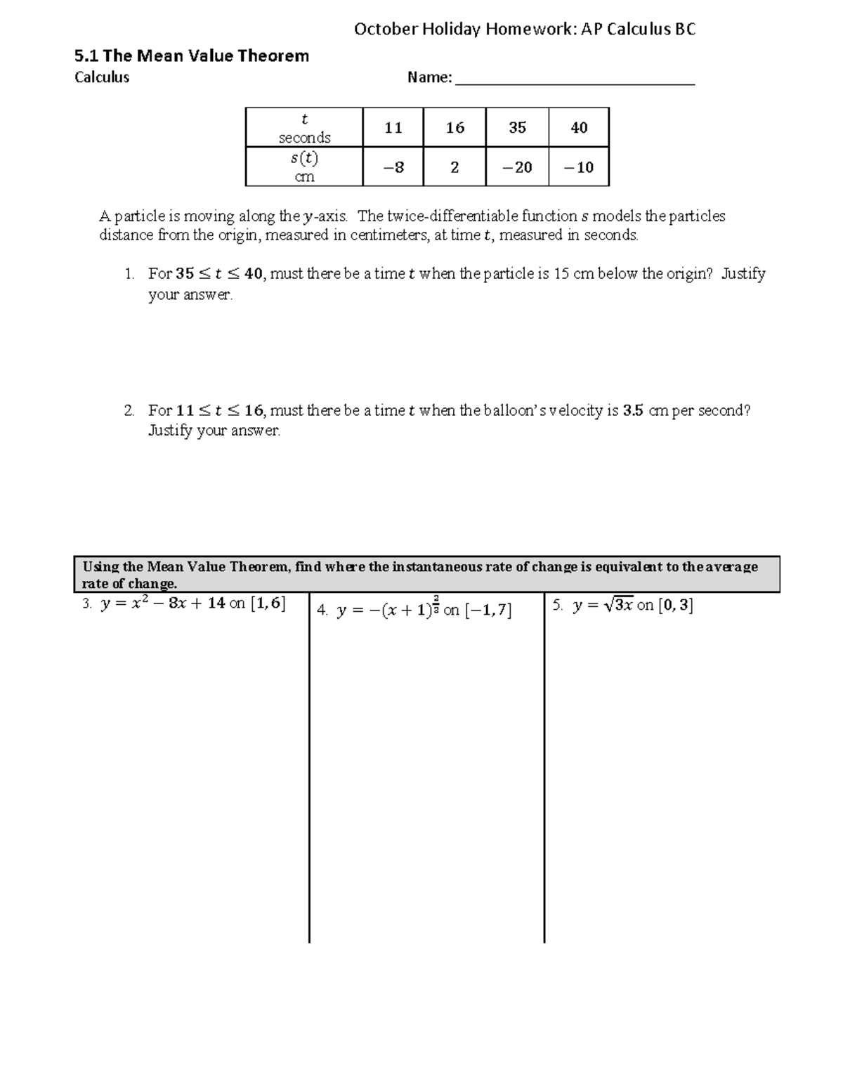 Lesson 1,2 Extra Practice - 5 The Mean Value Theorem Calculus Name