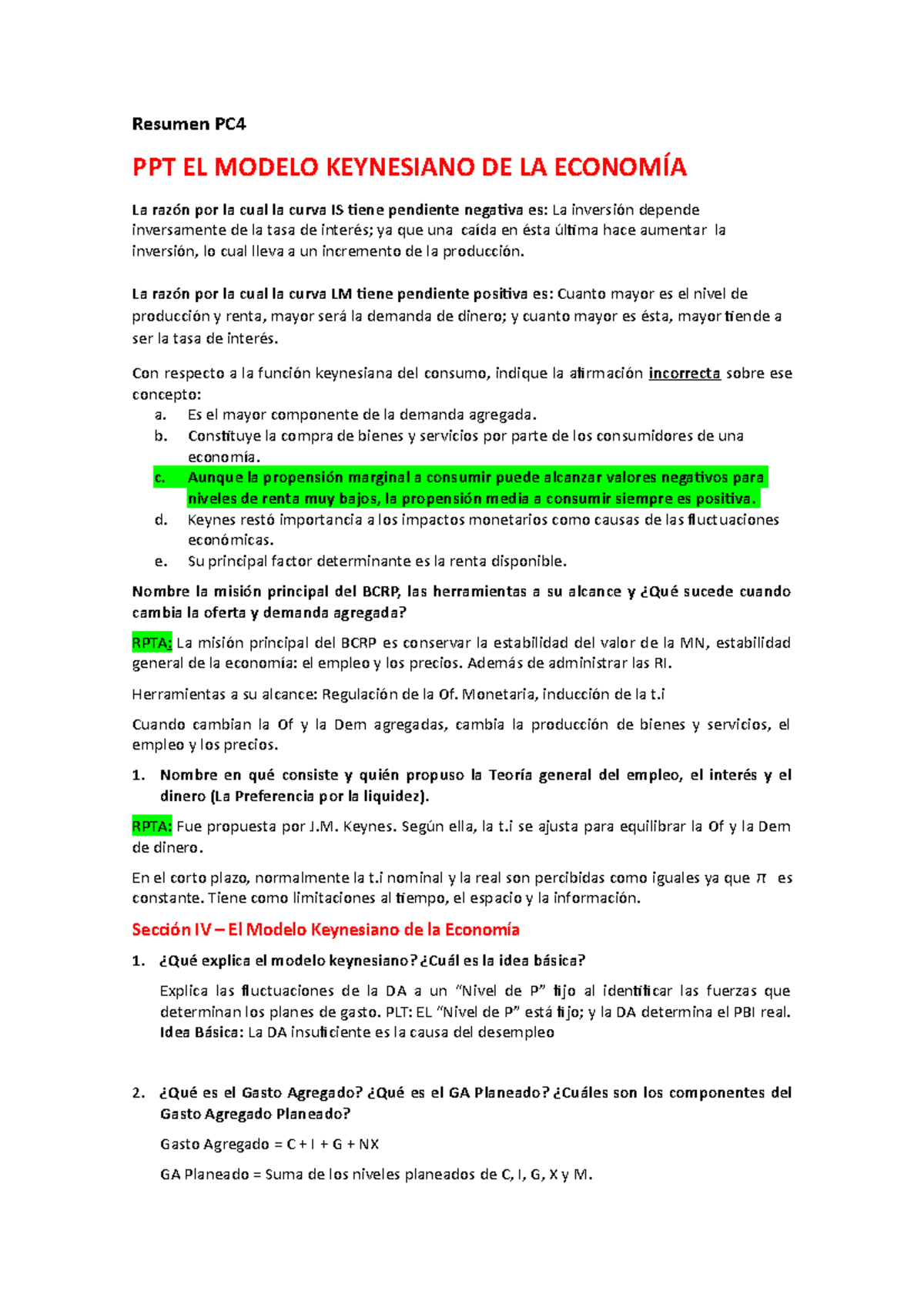 Resumen PC4 - Resumen PC PPT EL MODELO KEYNESIANO DE LA ECONOMÍA La razón por la cual la curva ...