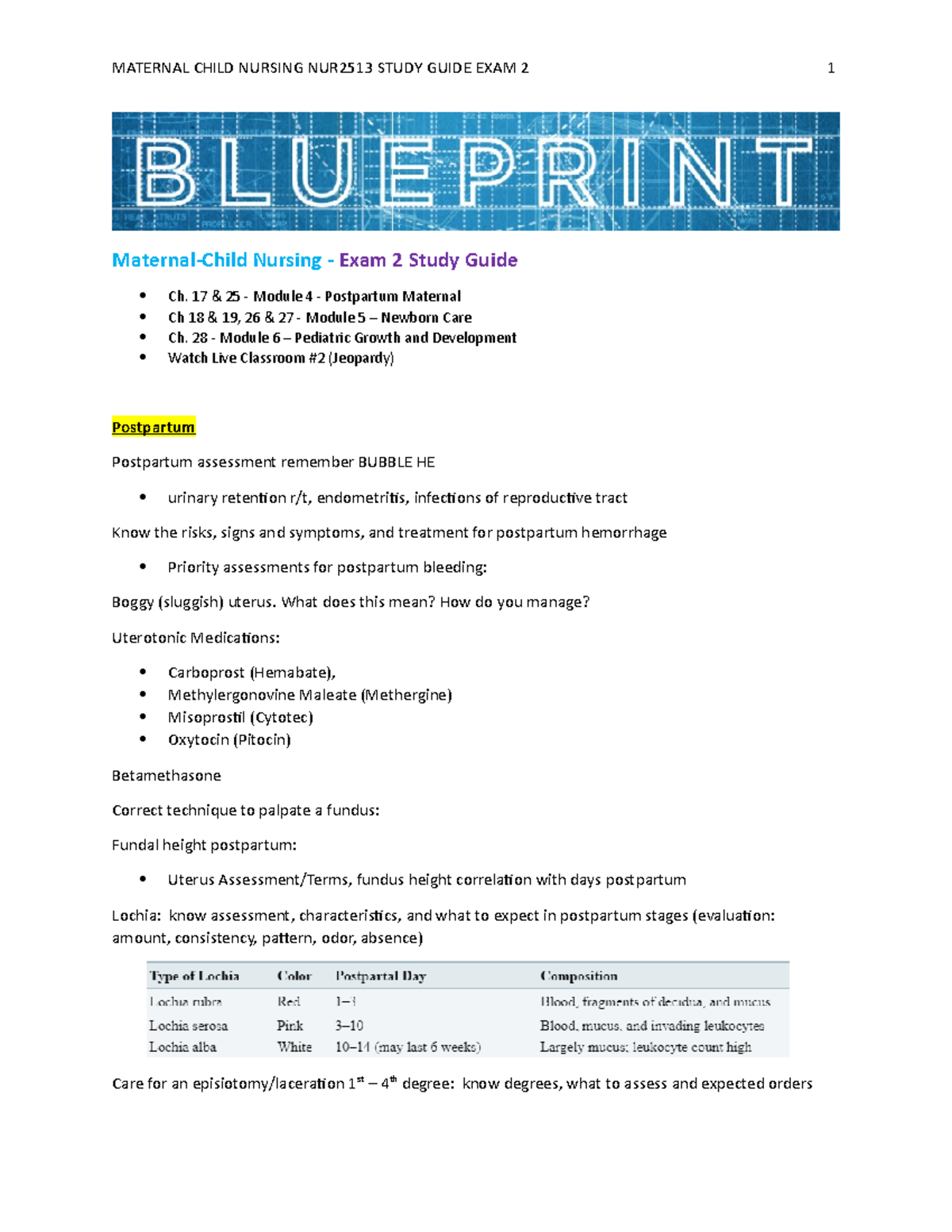 Exam 2 Blueprint[ 3352] - Maternal-Child Nursing - Exam 2 Study Guide ...