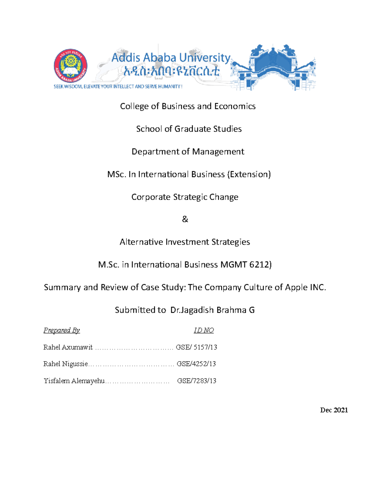 2021 - 11 - 27 Case study on Apple Change management - College of ...