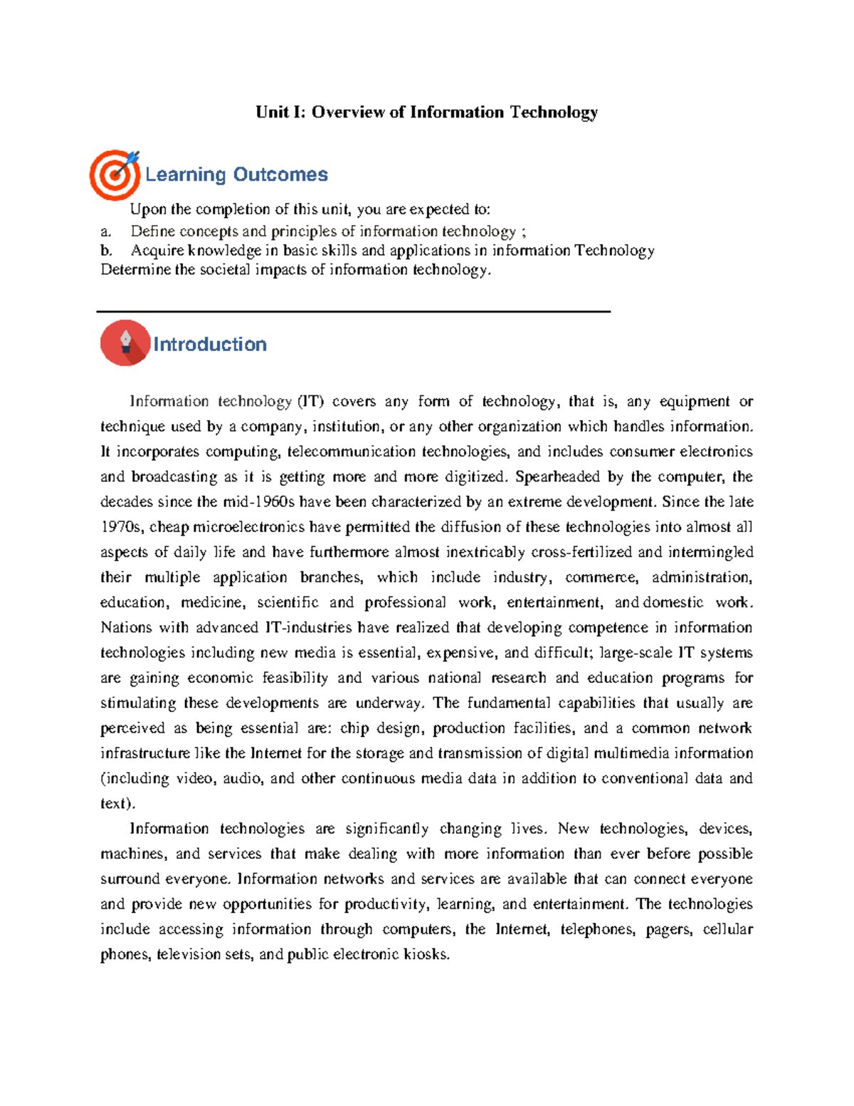 Topic 1. Introduction of Information Technology - Unit I: Overview of ...