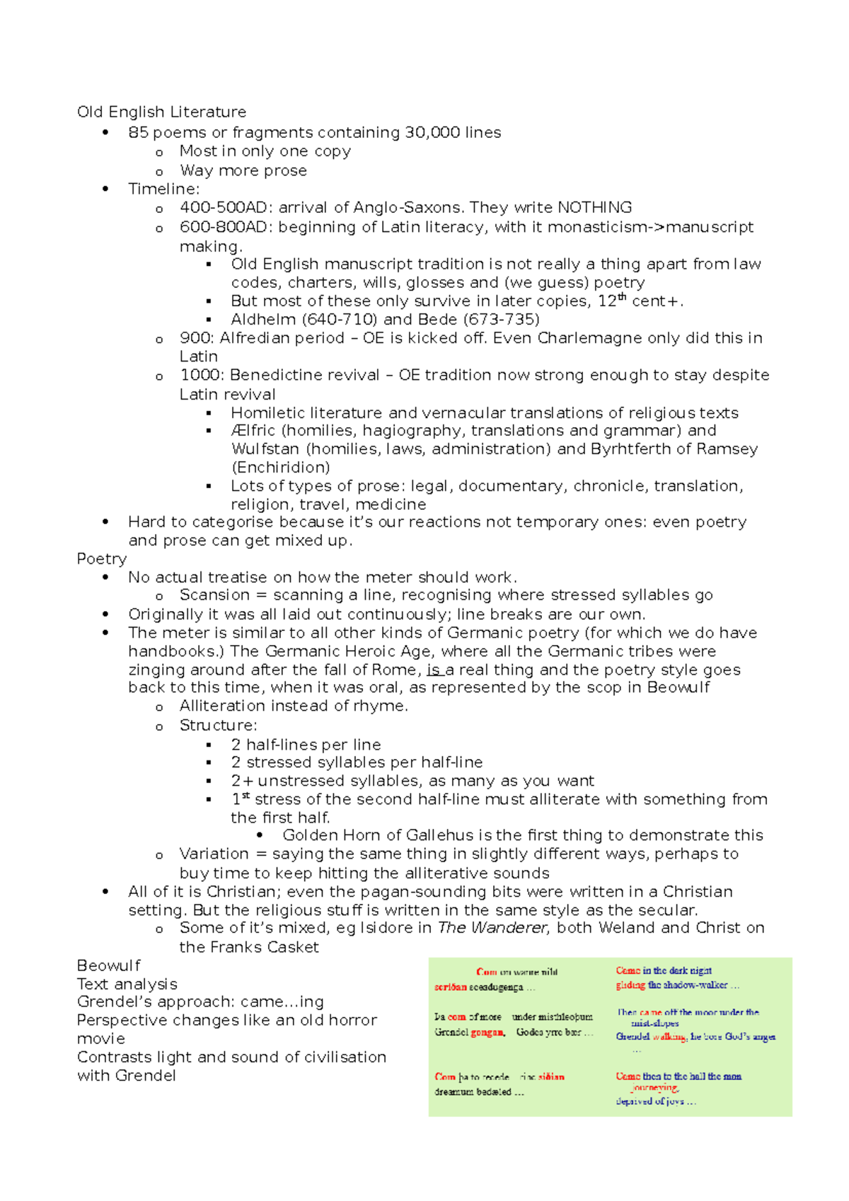 OE Lit - Lecture notes 1-12 - Old English Literature 85 poems or ...