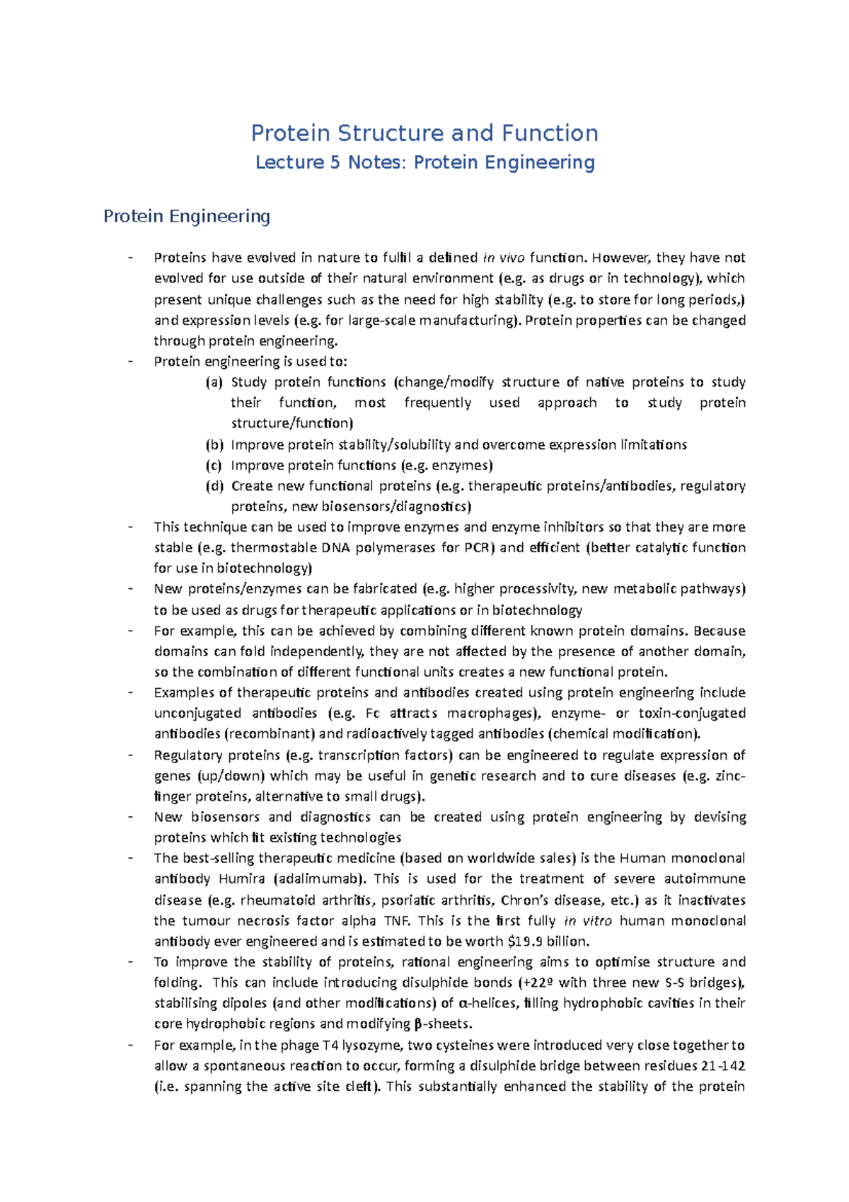Lecture 5 Notes (Protein Engineering) - Protein Structure and Function ...