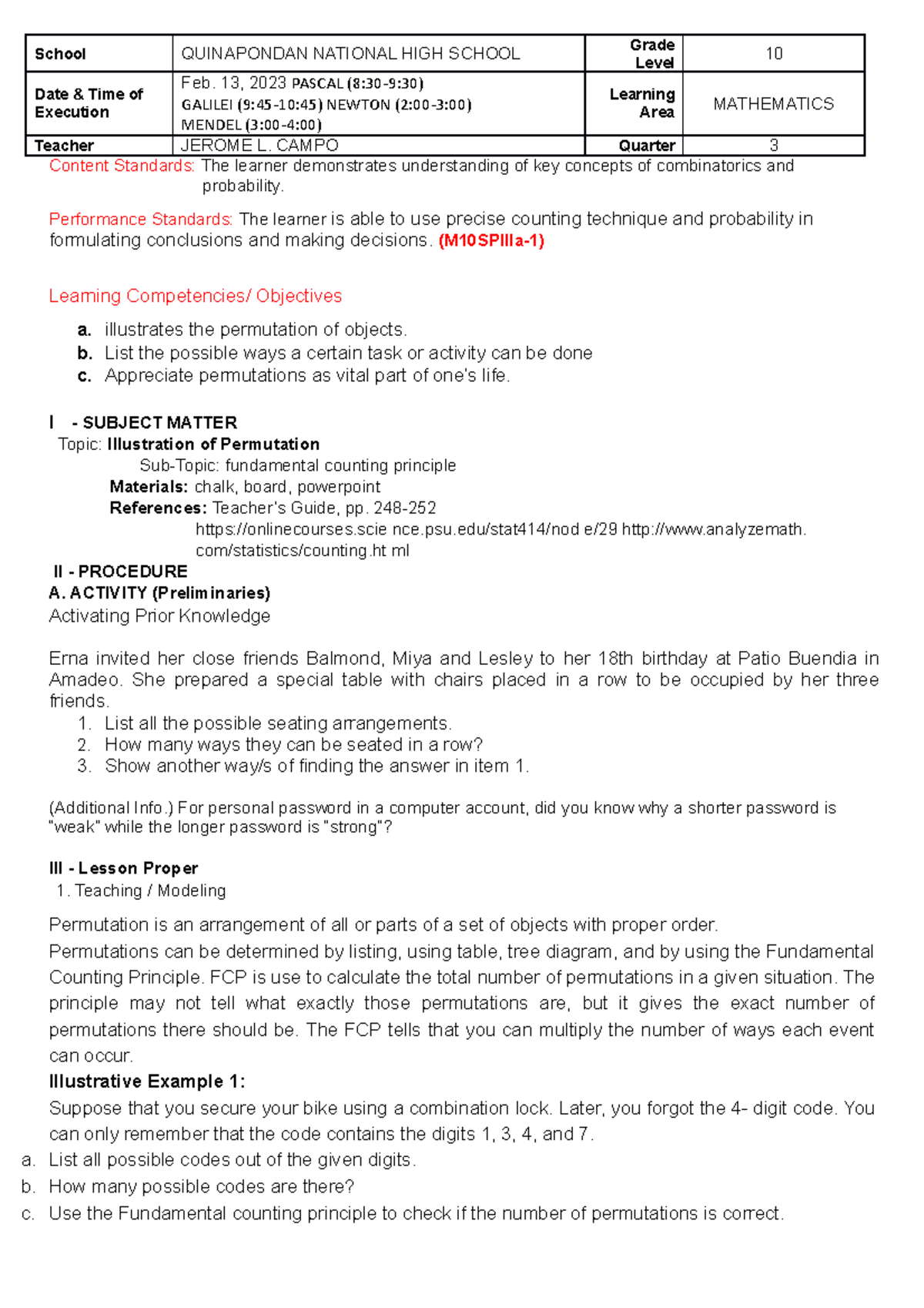 Grade 10 -Quarter 3 FCP and Permutation - School QUINAPONDAN NATIONAL ...