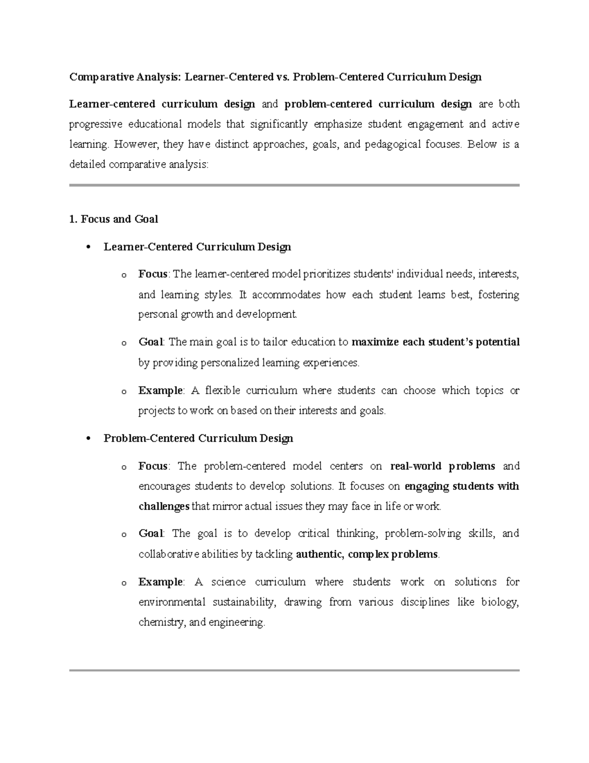 Comparative Analysis problem solving and learner Centered Curriculum ...