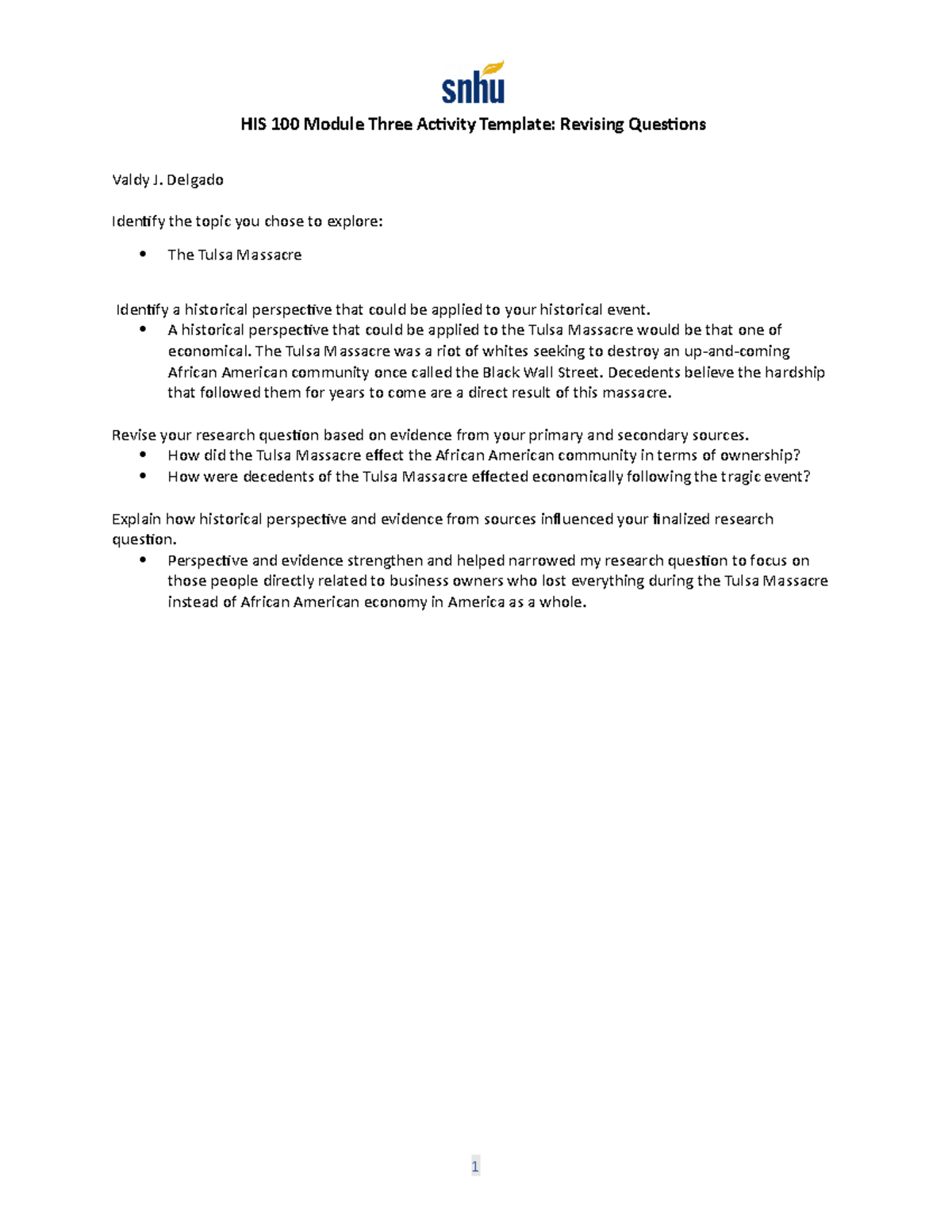 HIS 100 Module Three Activity Revising Questions Template - HIS 100 ...
