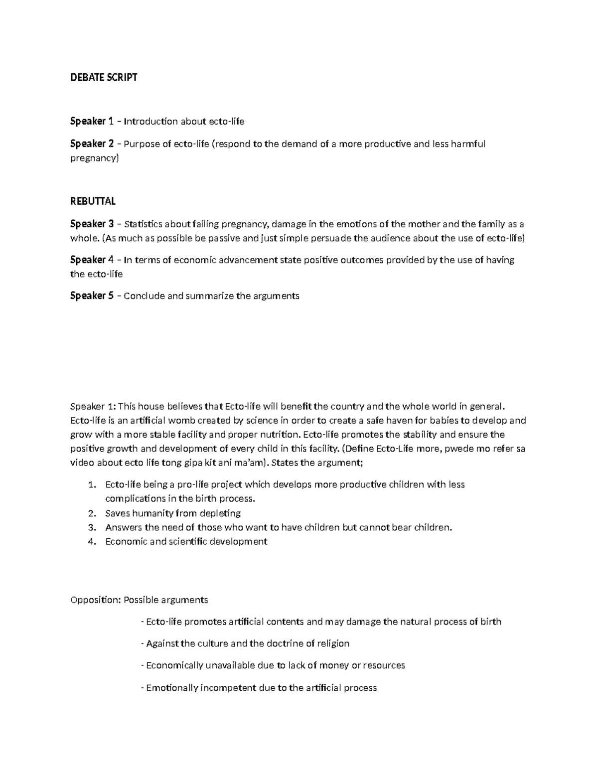 Debate-Script-2 - Script of ectolife debate - DEBATE SCRIPT Speaker 1 ...