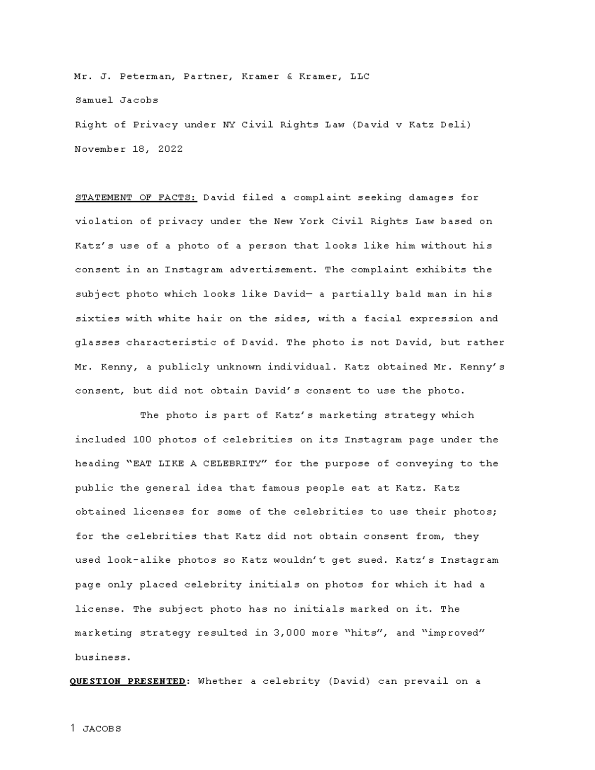 Final Draft Research MEMO - Mr. J. Peterman, Partner, Kramer & Kramer ...