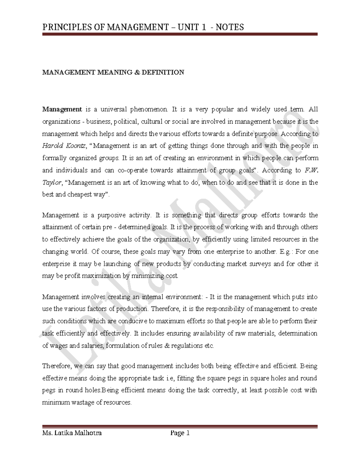 Notes Unit-I - sdsd - MANAGEMENT MEANING & DEFINITION Management is a ...