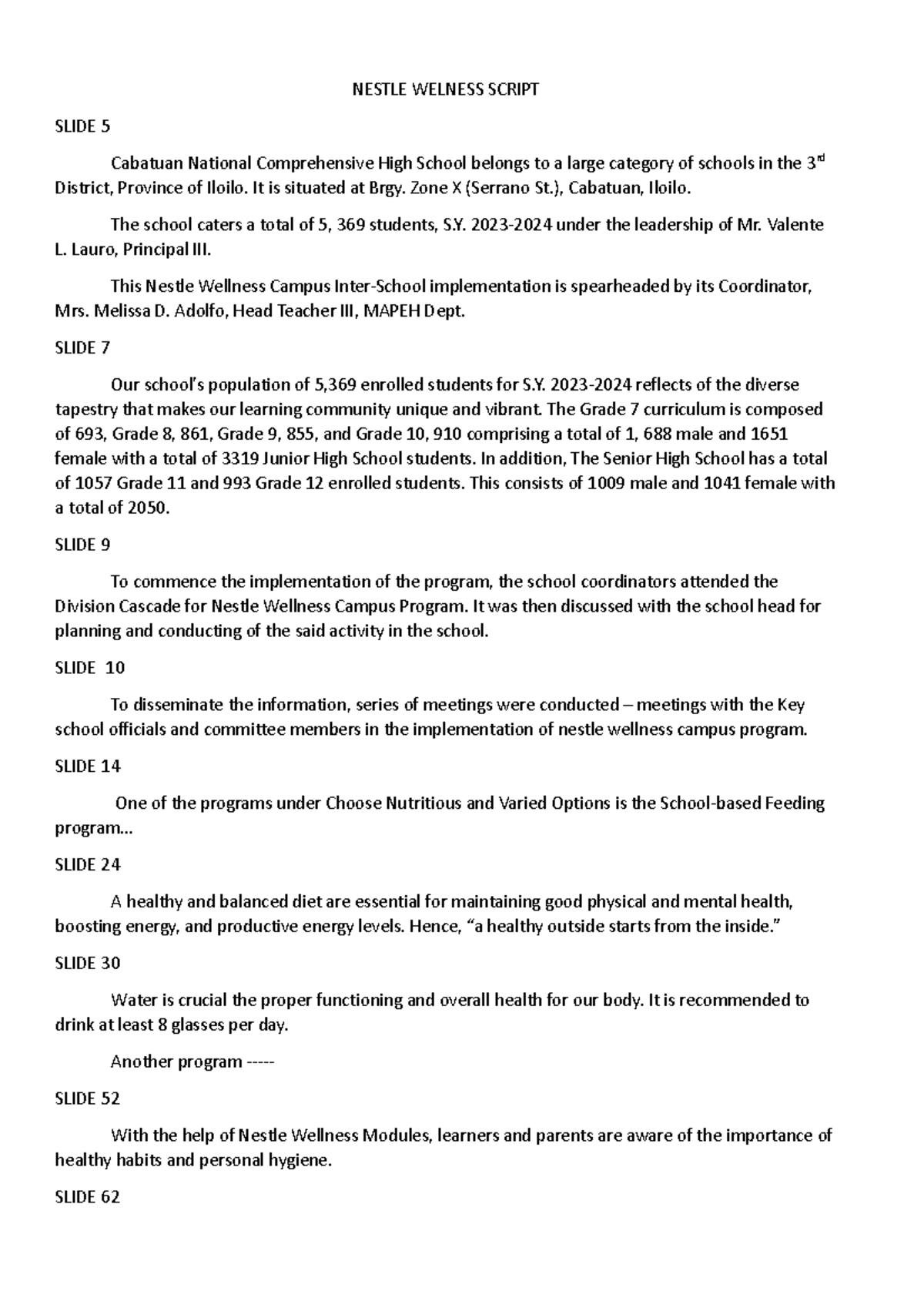 Nestle- Wellness- Script - NESTLE WELNESS SCRIPT SLIDE 5 Cabatuan National Comprehensive High ...