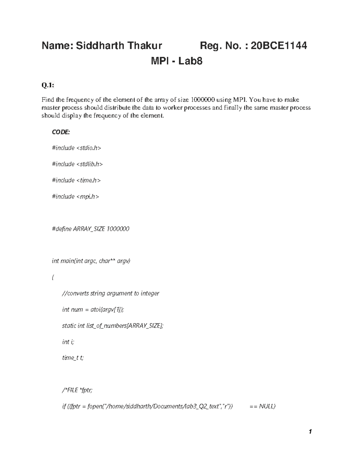 20BCE1144 CSE4001 Lab8 - Name: Siddharth Thakur Reg. No. : 20BCE MPI - Lab Q: Find the frequency ...