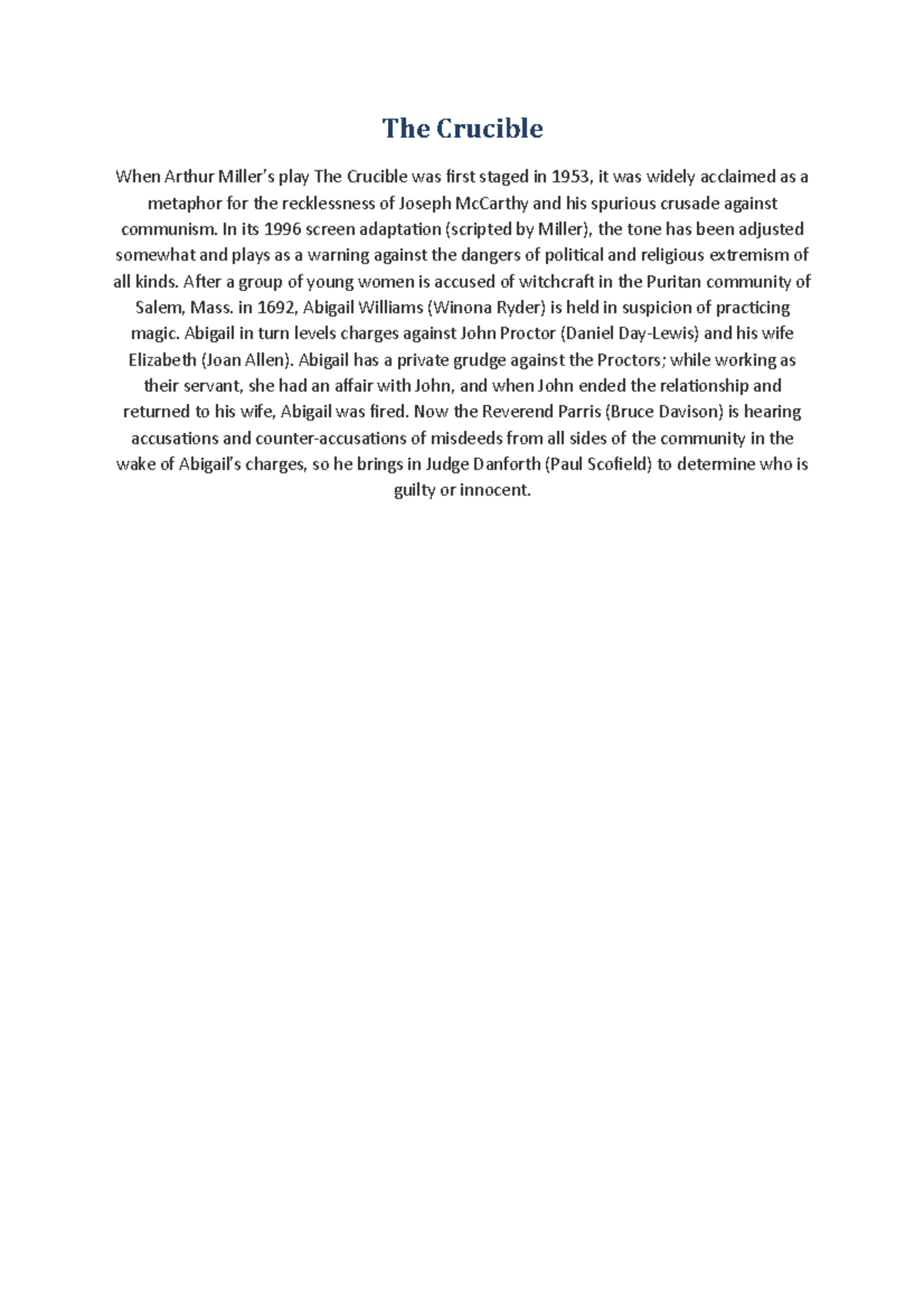 The Crucible-Introductory Activities - The Crucible When Arthur Miller ...