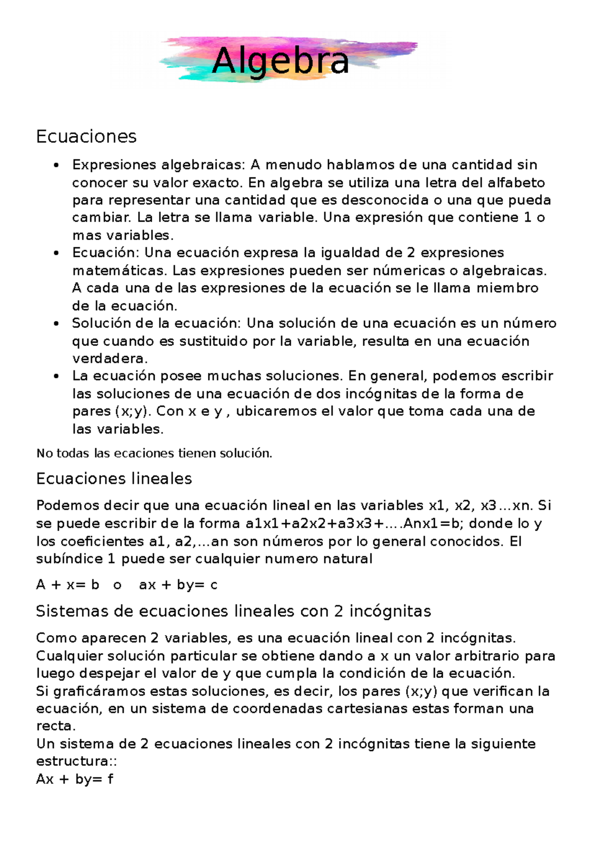 Resumen algebra - Ecuaciones Expresiones algebraicas: A menudo hablamos ...